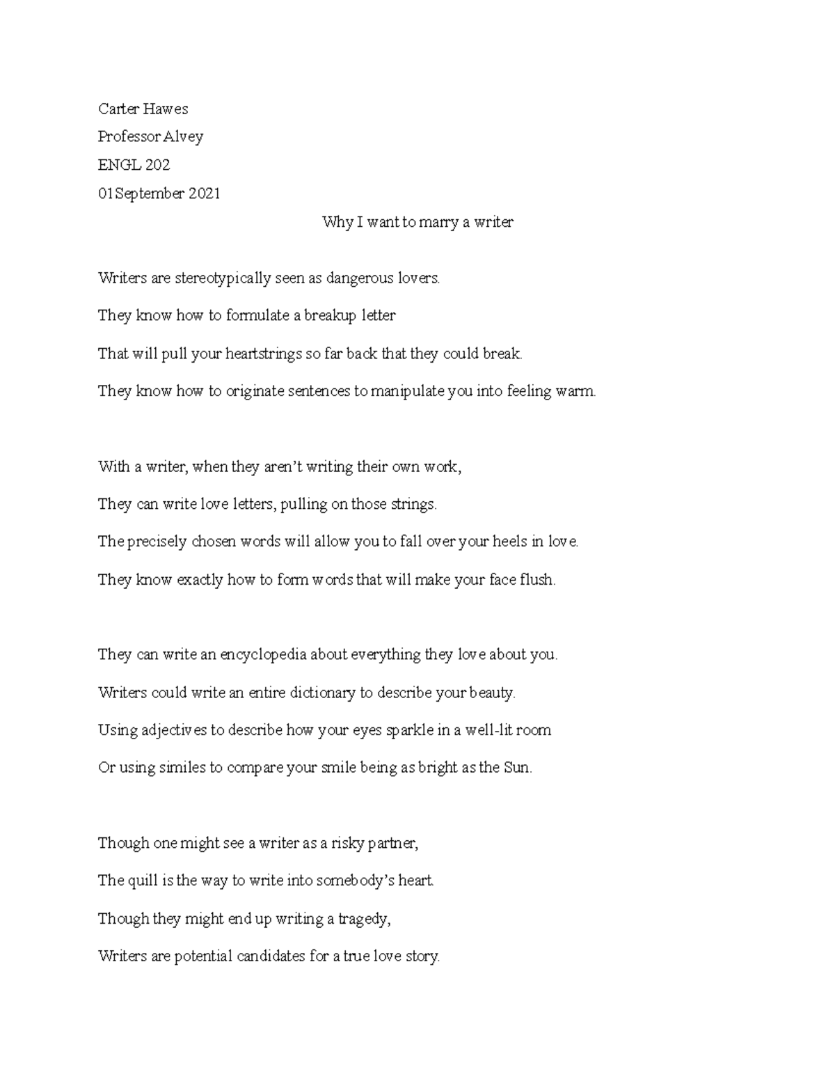 M02 Poetry 2 Creative Writing Module 2 Carter Hawes Professor Alvey