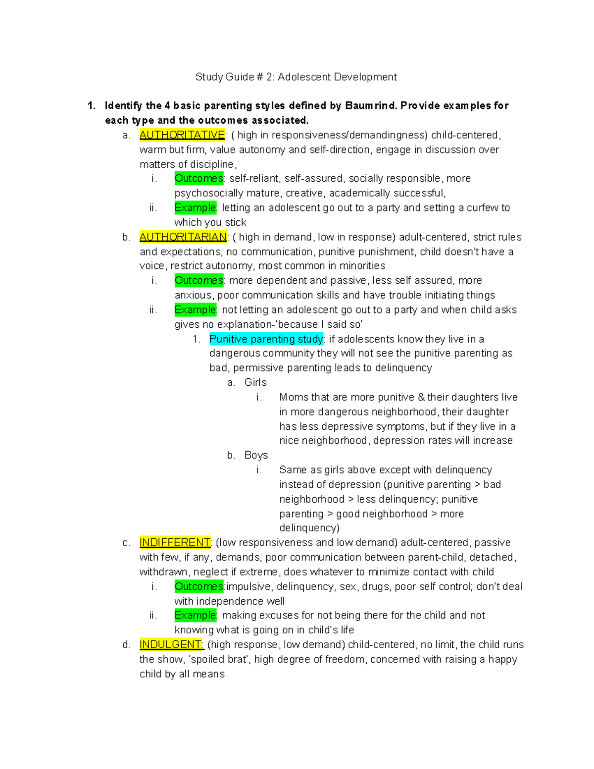 Study Guide # 2 Adolescent Development - Study Guide # 2: Adolescent ...