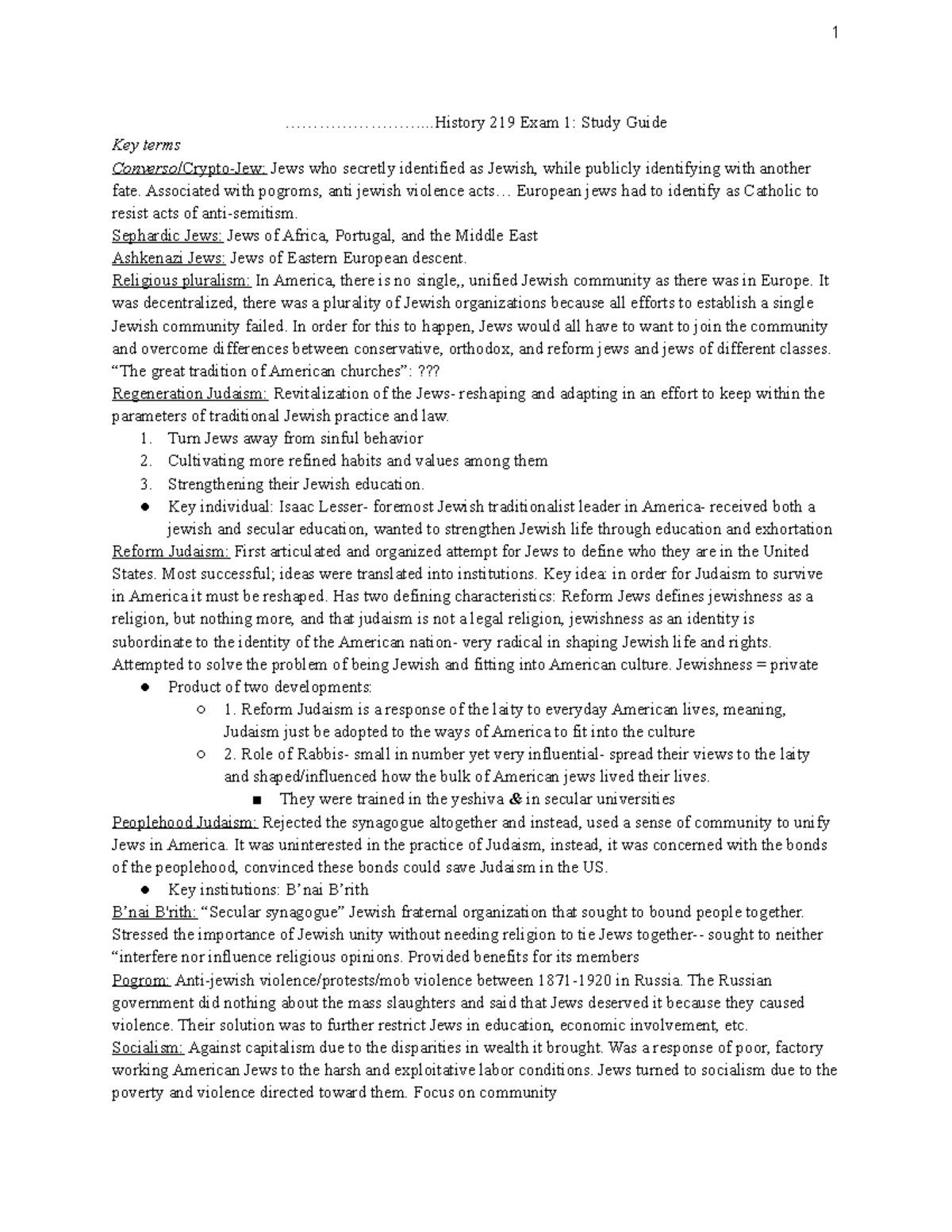 History 219 Study Guide 1 - 1 …………………….. 219 Exam 1: Study Guide Key ...