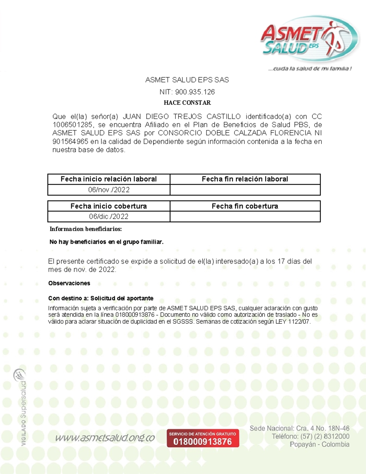 CERT asmet salud. Diego Trejos - Que el(la) señor(a) JUAN DIEGO TREJOS CASTILLO identificado(a ...