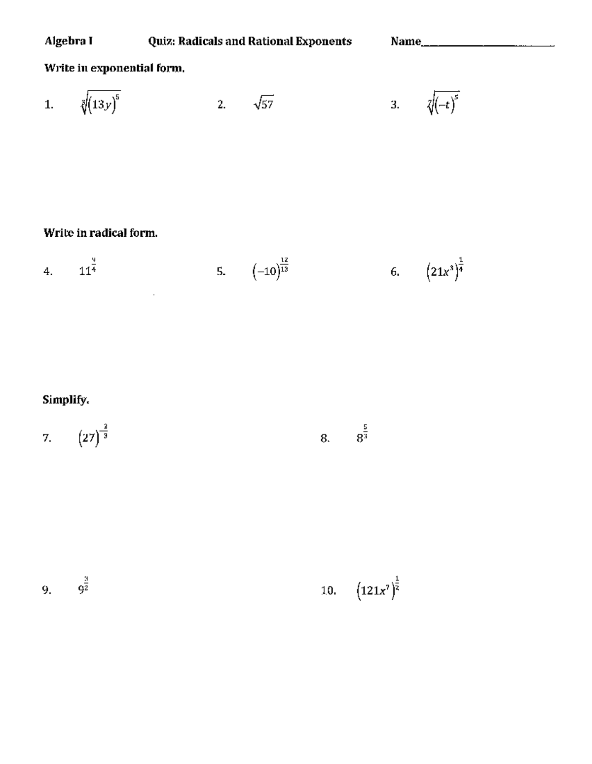 Friday Alg I - good work on caves - Algebra I Quiz: Radicals and ...