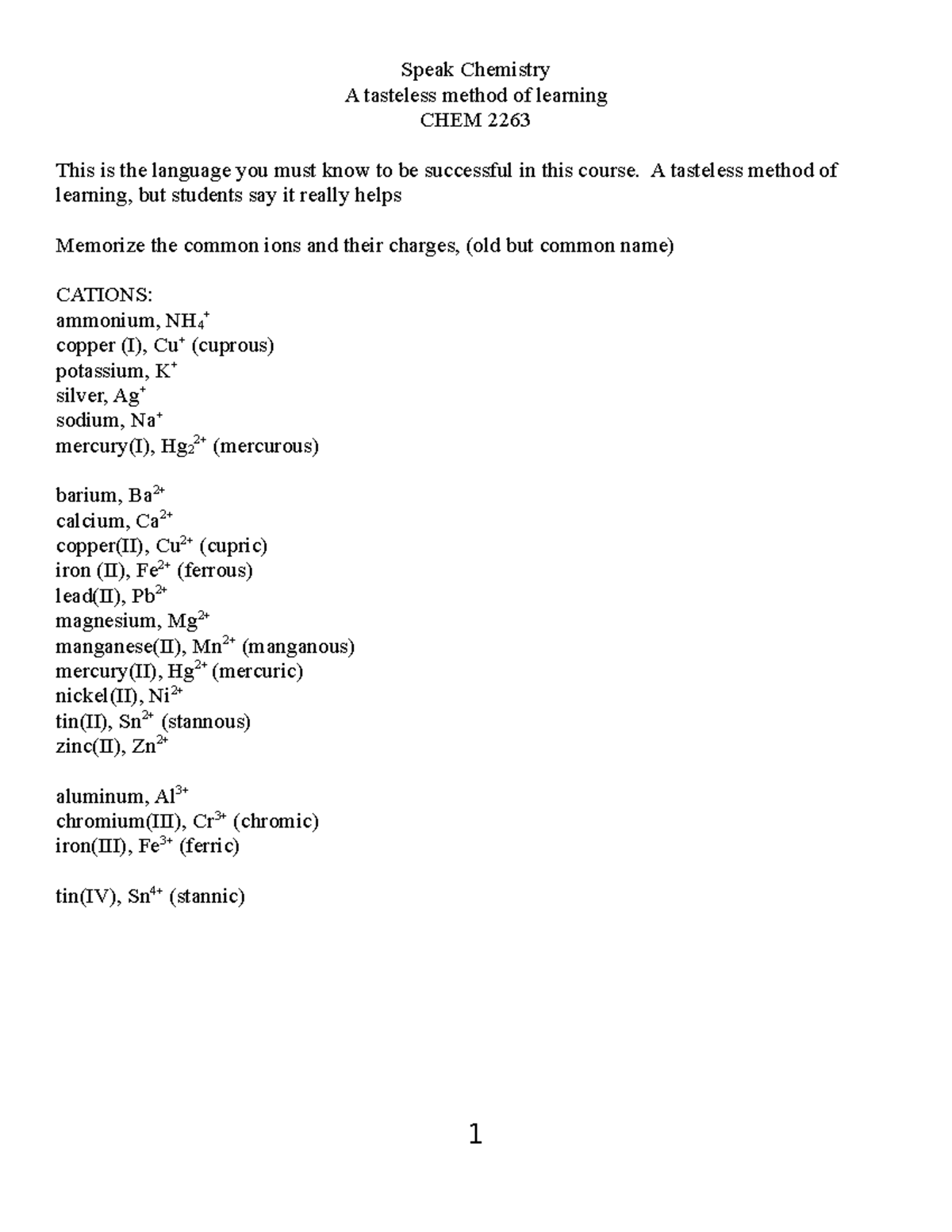 How to Speak Chemistry - Notes - Speak Chemistry A tasteless method of ...