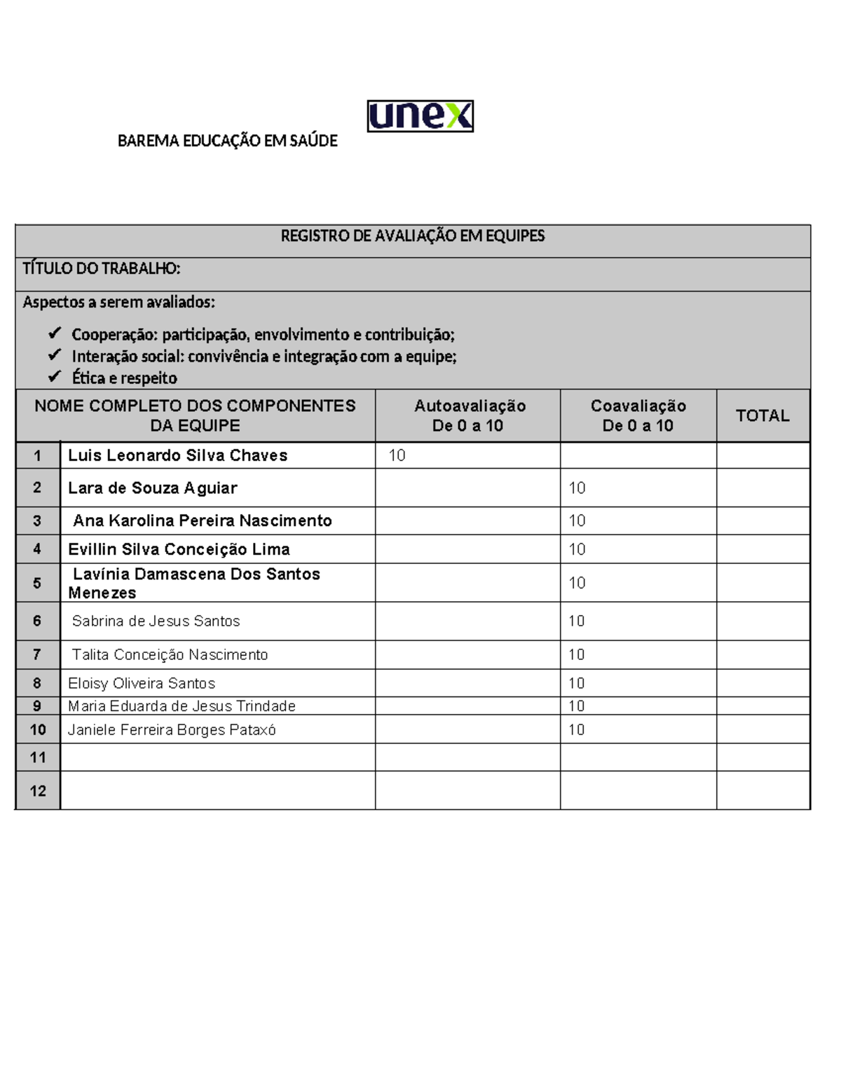 Barema para autoavaliação e coavaliação - BAREMA EDUCAÇÃO EM SAÚDE ...