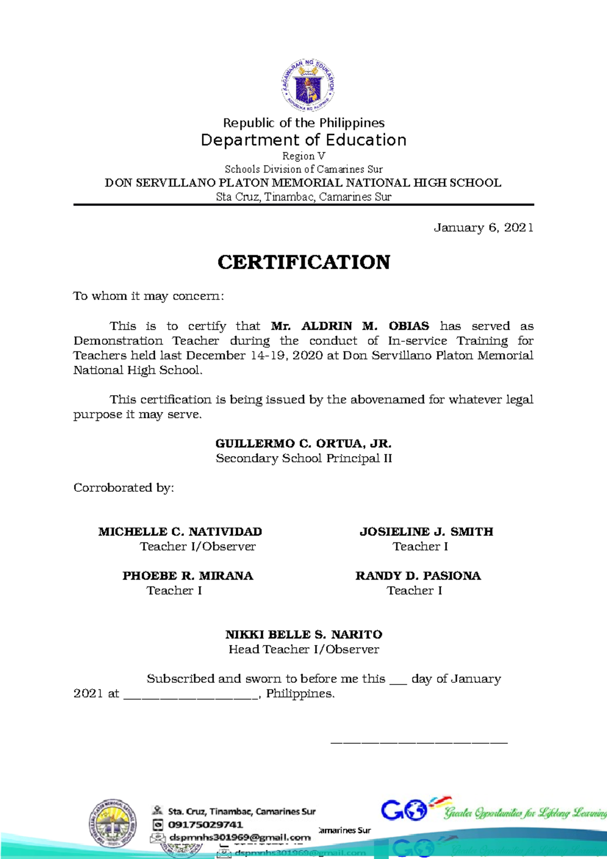 Certification. A sample parctical application - Science Education 2 ...