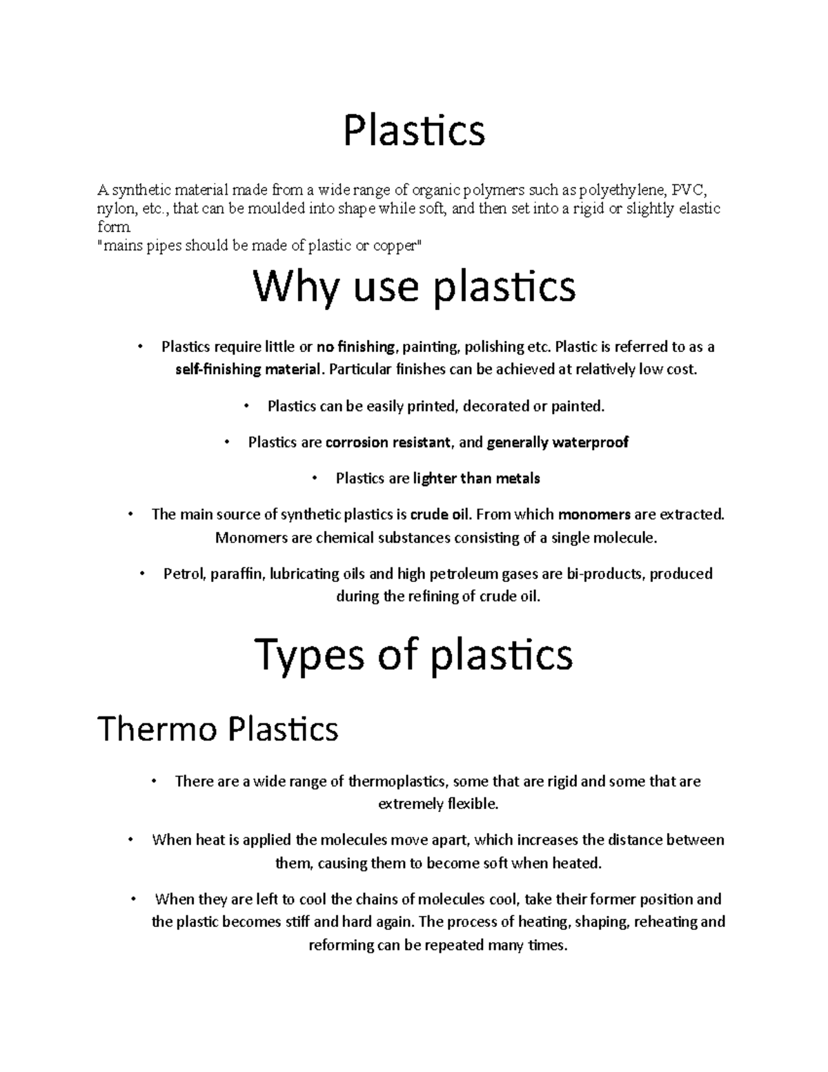 Plastics and Casting - Lecture notes 3 - Plastics A synthetic material ...