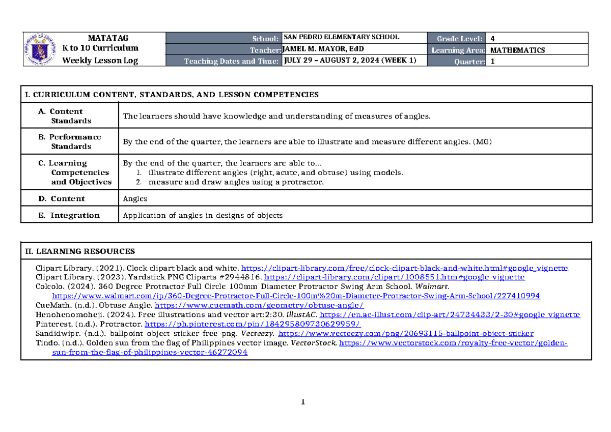 DLL Matatag Mathematics 4 Q1 W1 - MATATAG K to 10 Curriculum Weekly Lesson Log School: SAN PEDRO ...