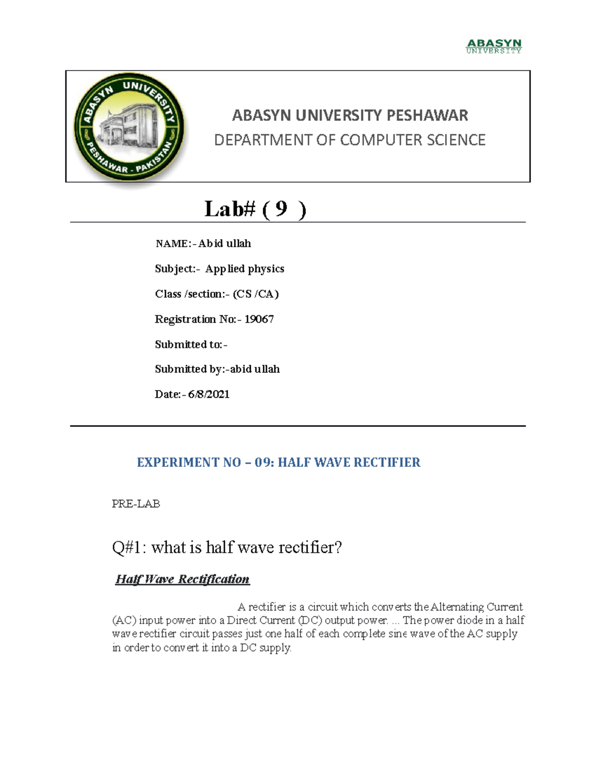 Physics lab 9 - these are assignments of Haris shams sir taken in 2021 ...