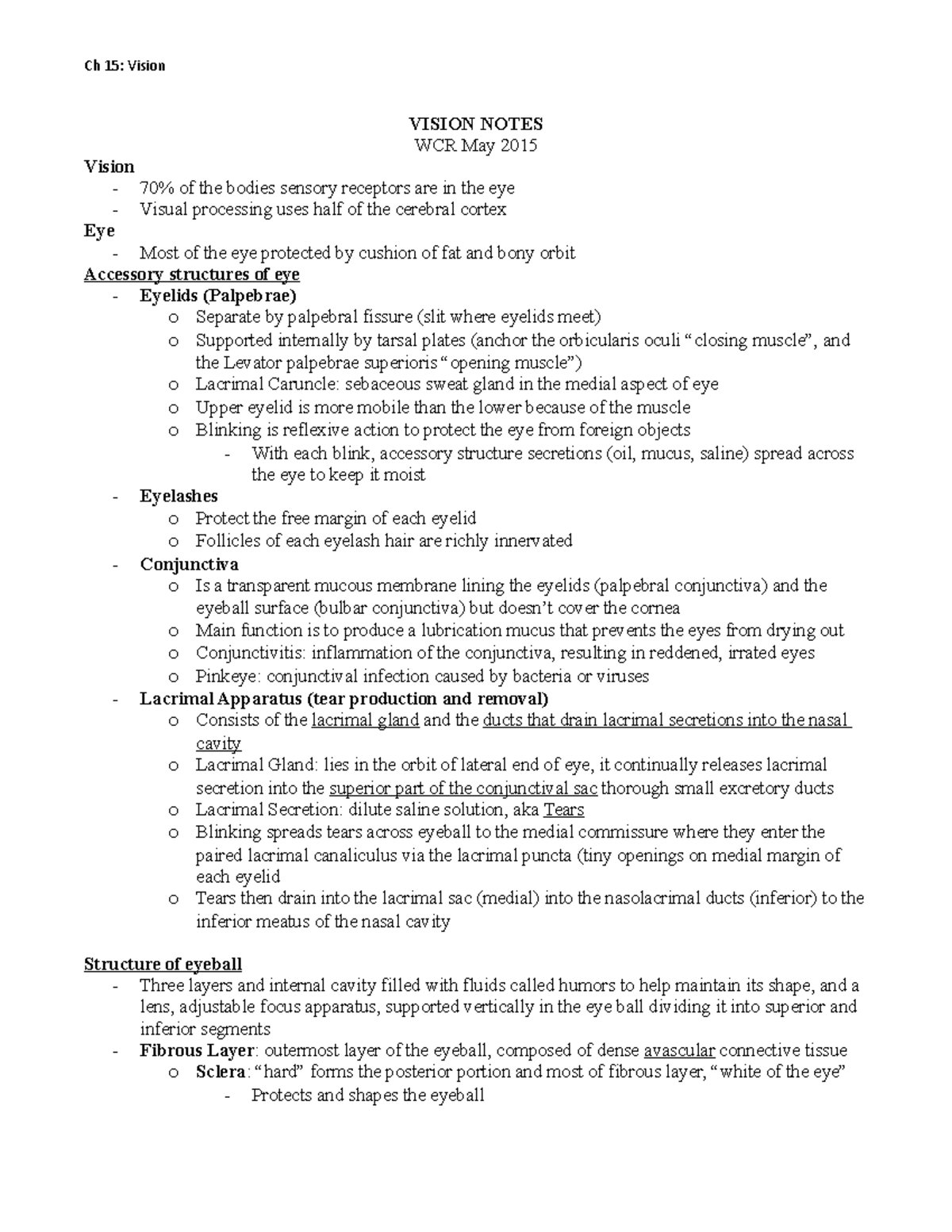 Ch 15 Vision - VISION NOTES WCR May 2015 Vision 70% of the bodies ...