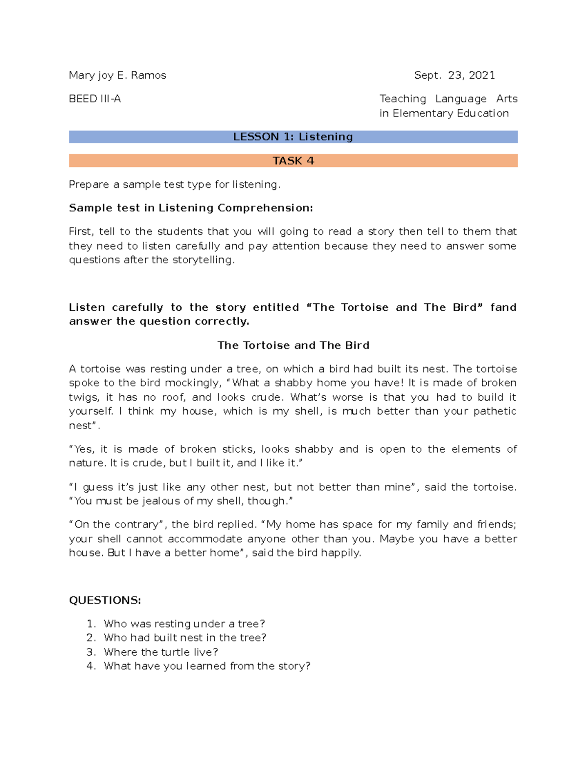 TASK 4. Listening - Task answer - Mary joy E. Ramos Sept. 23, 2021 BEED ...