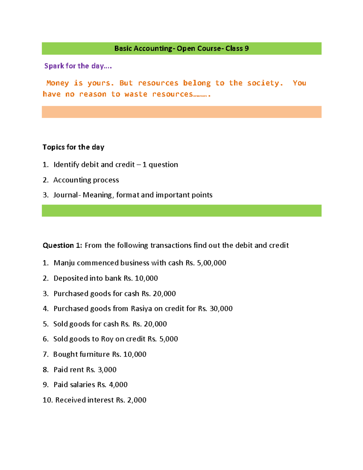 Basic Accounting Class 9 - Basic Accounting- Open Course- Class 9 Spark ...
