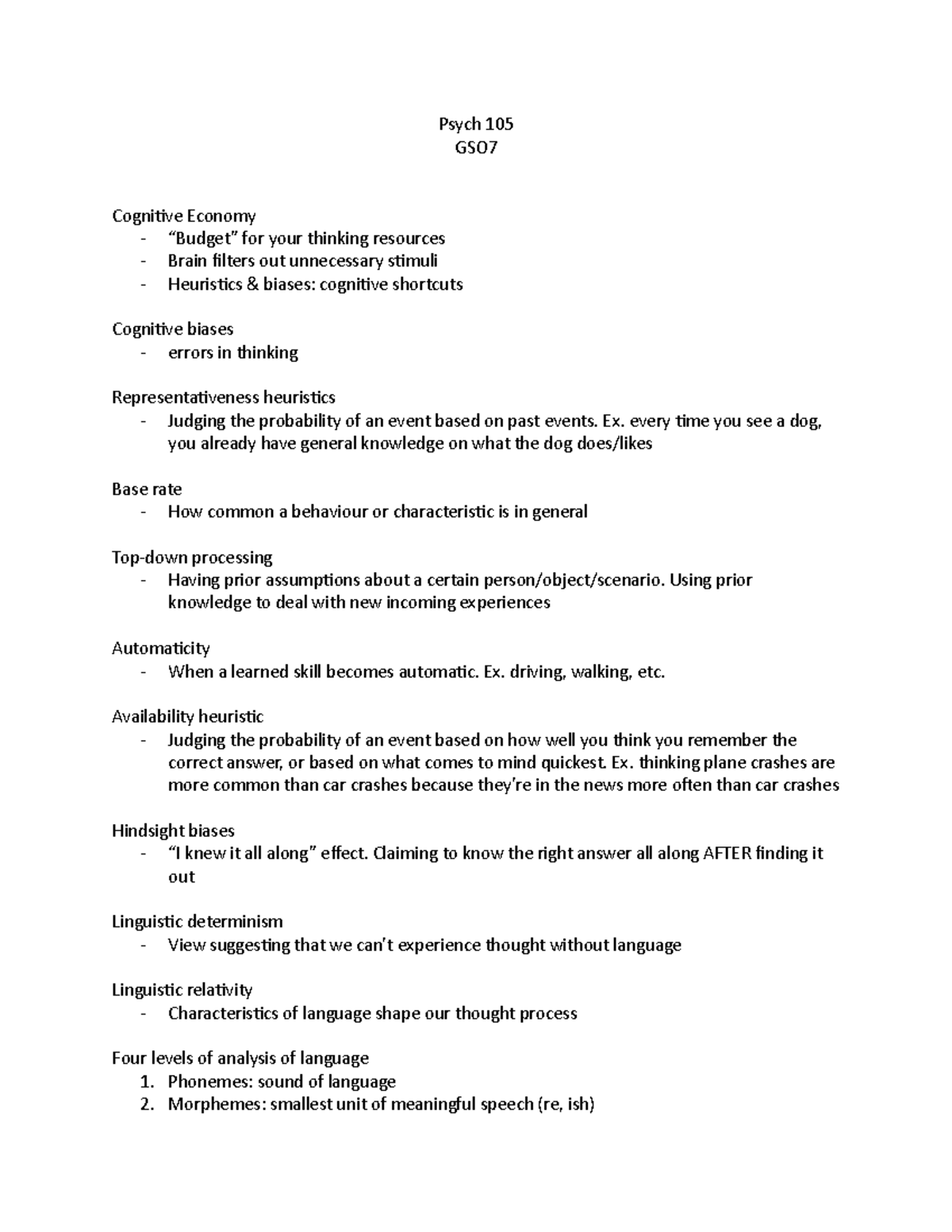 Psych 105 - Study guide for final exam - Psych 105 GSO Cognitive ...