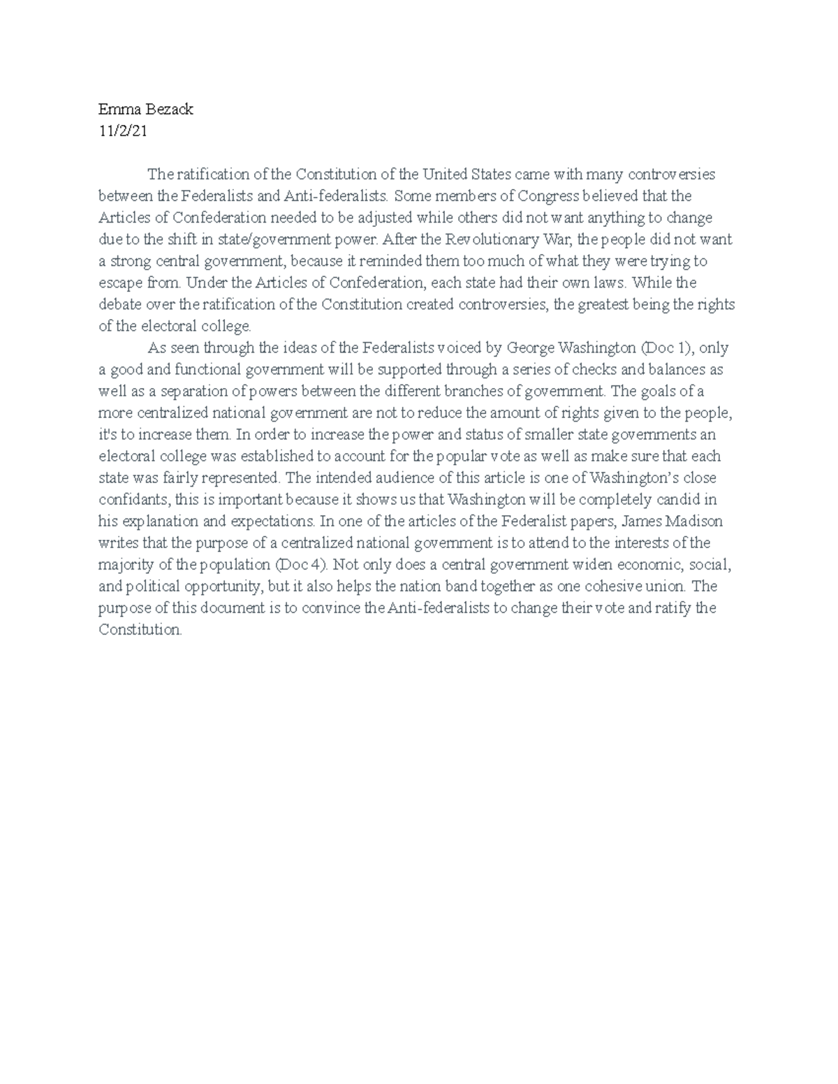 Apush- Ratification DBQ - Emma Bezack 11/2/ The ratification of the ...