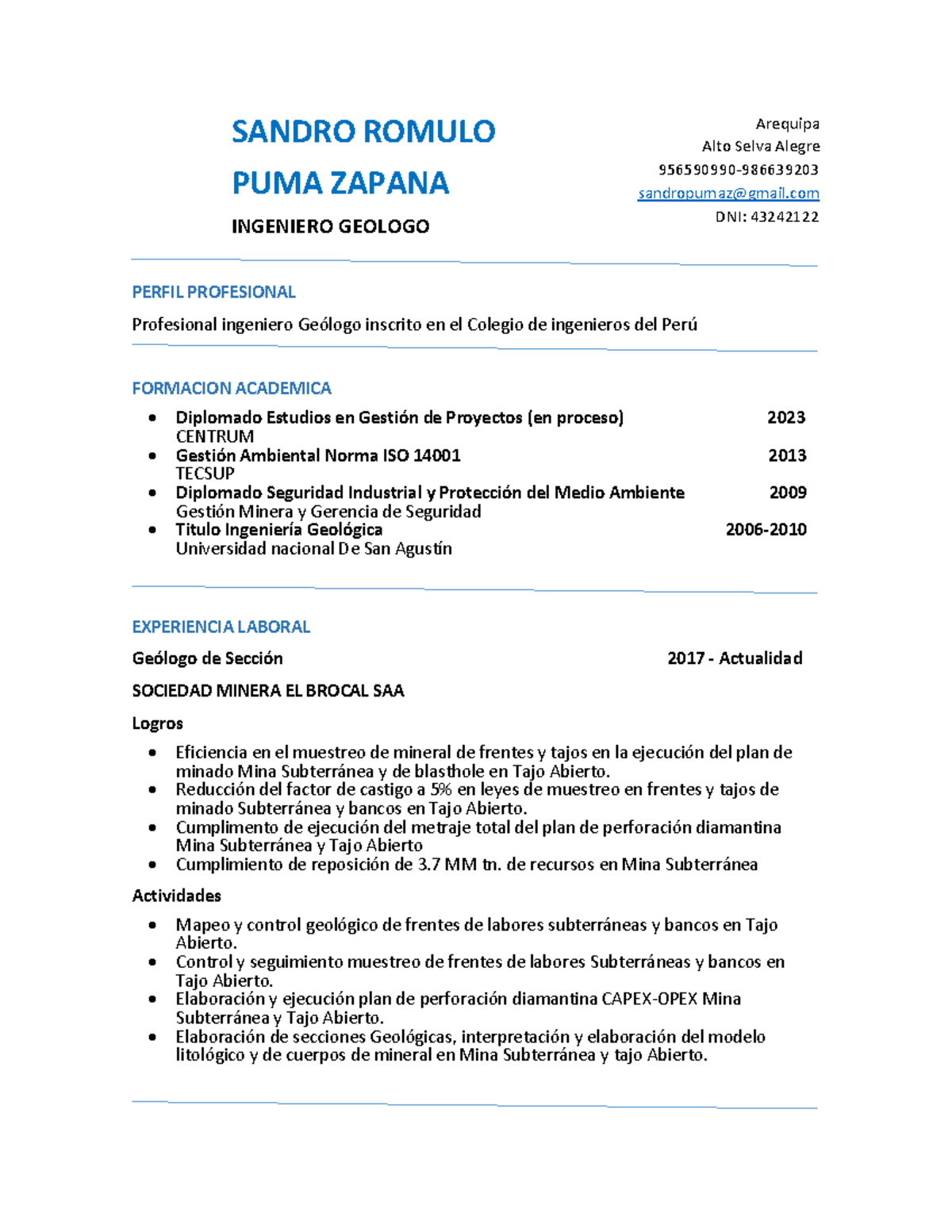CV Ingeniero Geólogo Sandro Romulo Puma Zapana 2023 - Arequipa Alto ...