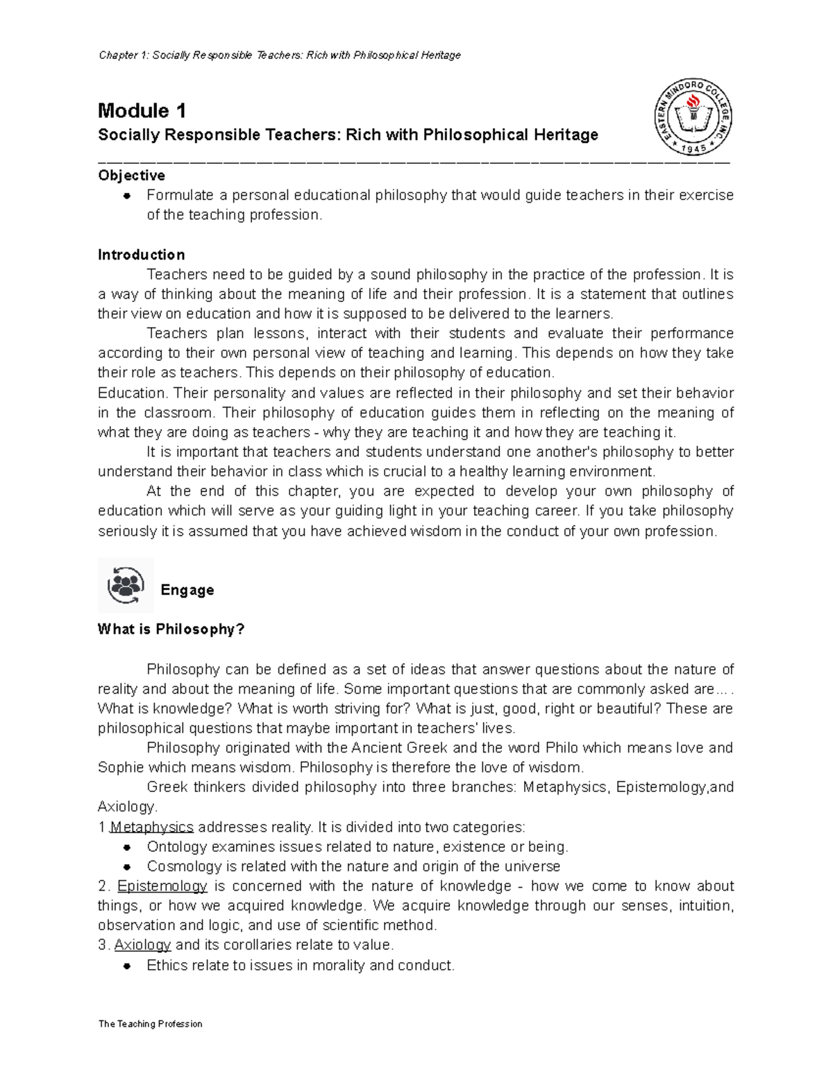 Chapter 1 TP - Notes - Module 1 Socially Responsible Teachers: Rich ...