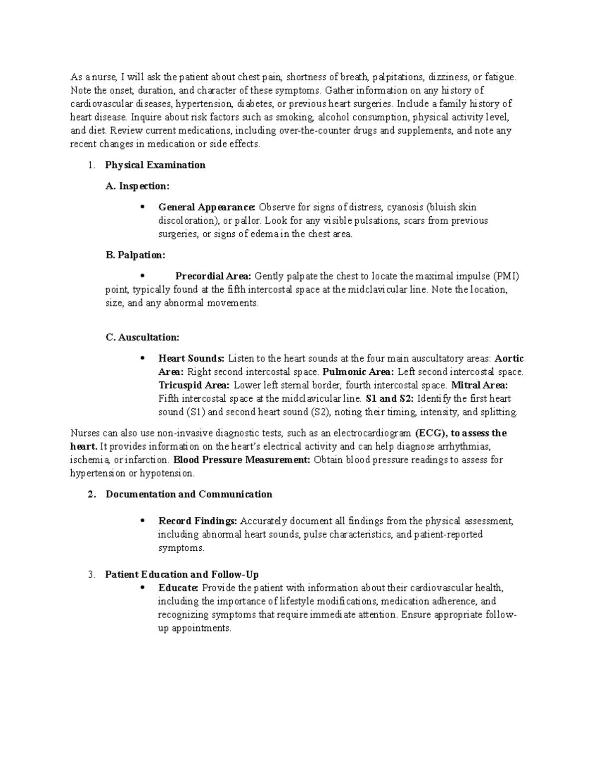 Heart Assessment - Cardio Objectives - As a nurse, I will ask the ...