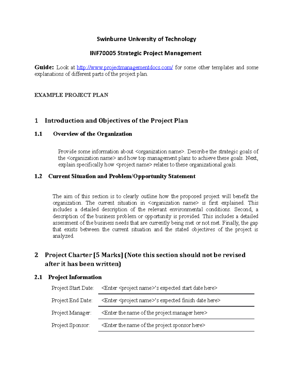 Project Plan template (1) - Swinburne University of Technology INF70005 ...