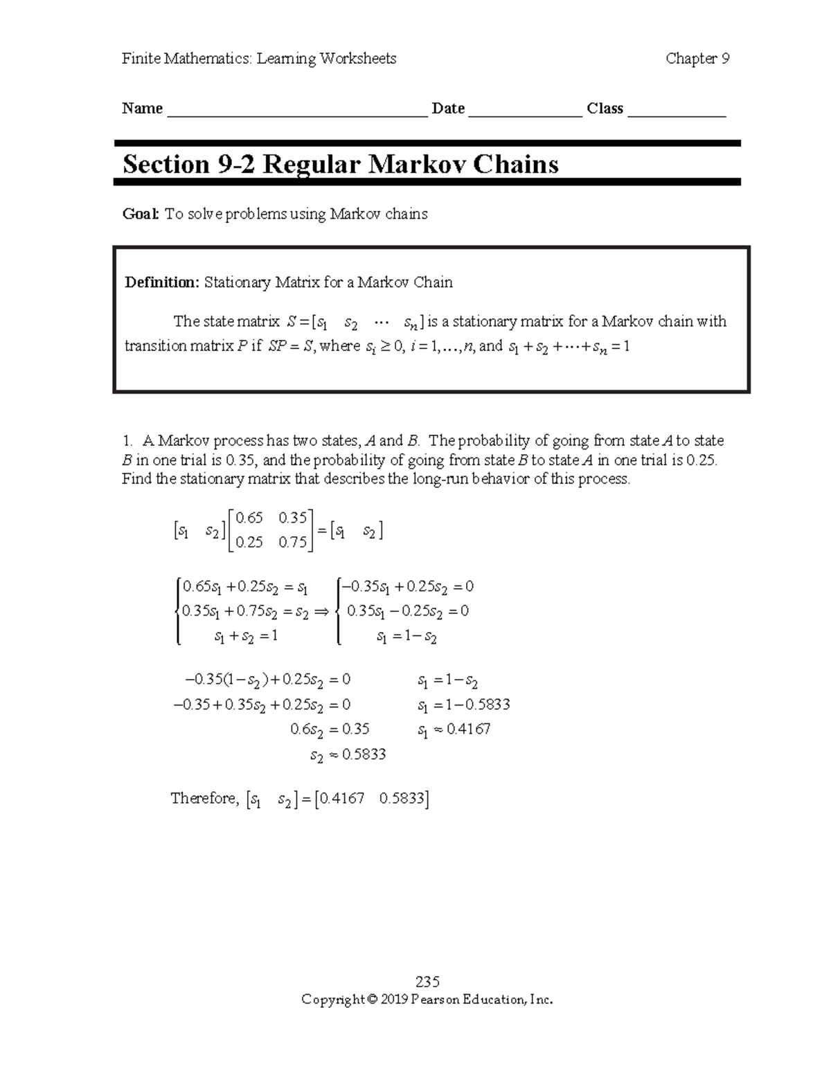 9.2 answers-2 - Regular Markov Chains practice answers - 235 Name