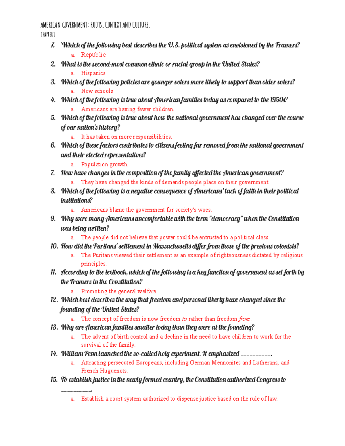 Chapter 1 Quiz: American Government Roots, Context AND Culture ...