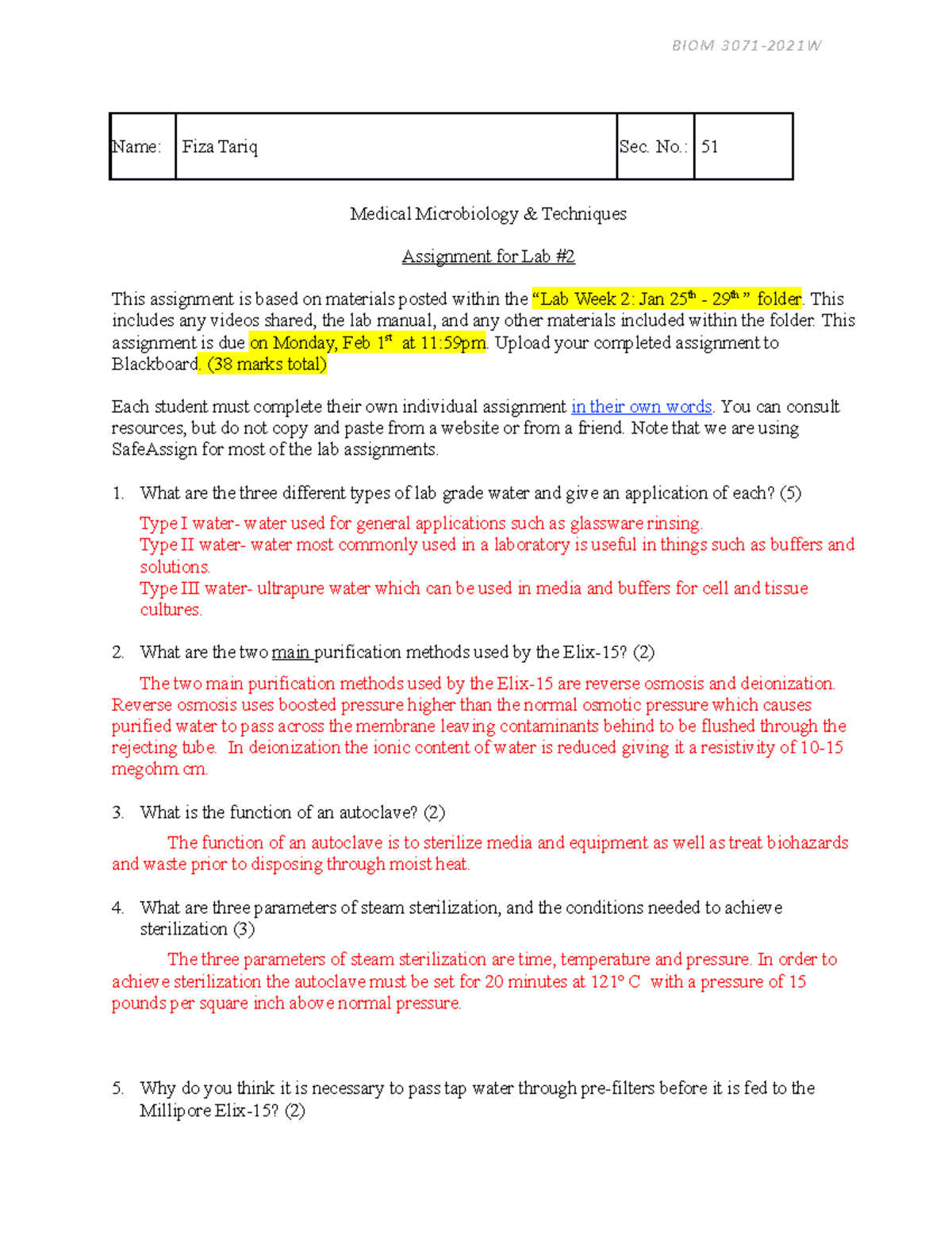 Lab 2 assignment - Name: Fiza Tariq Sec. No.: 51 Medical Microbiology & Techniques Assignment ...