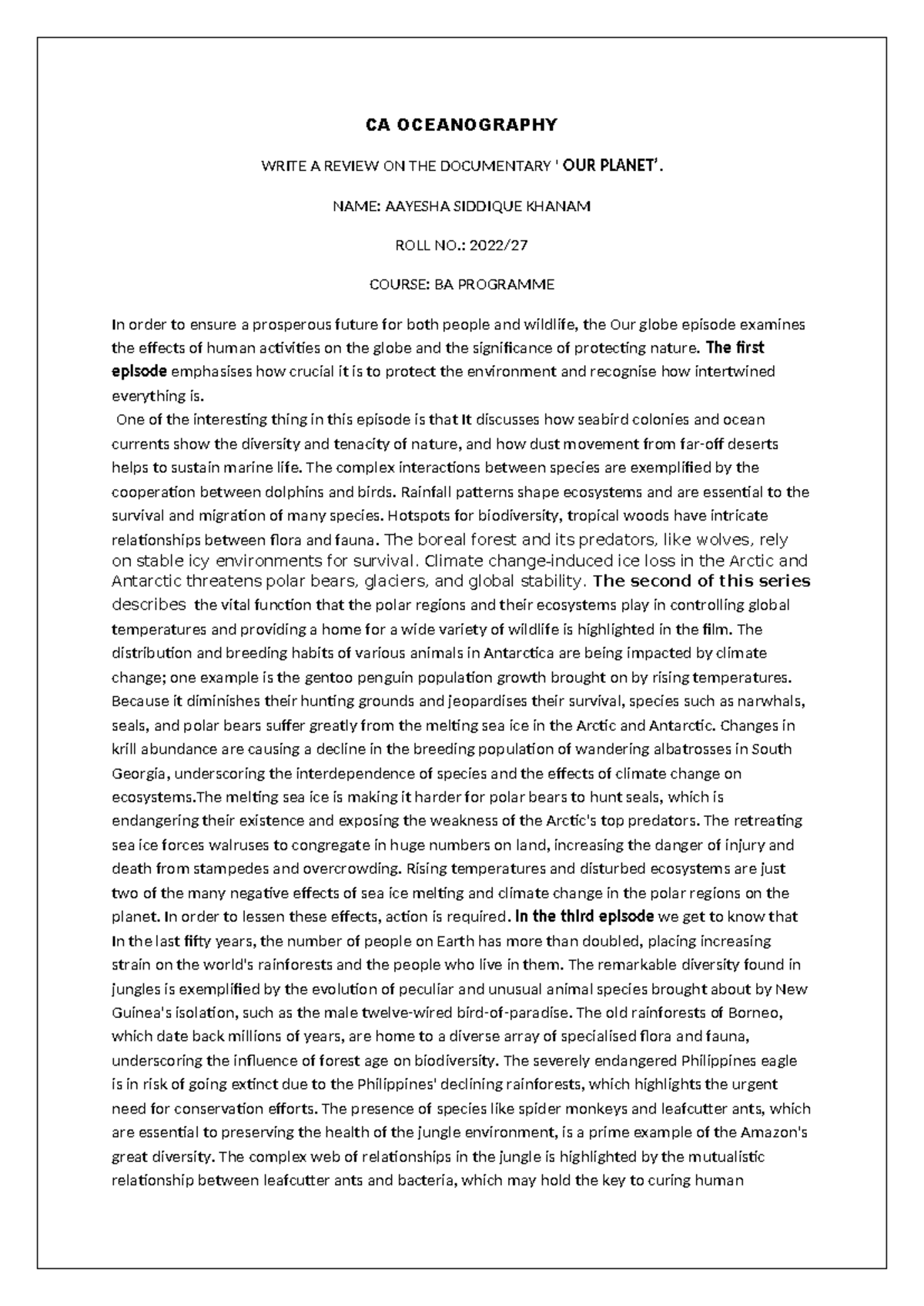 CA Oceanography - CA OCEANOGRAPHY WRITE A REVIEW ON THE DOCUMENTARY ...