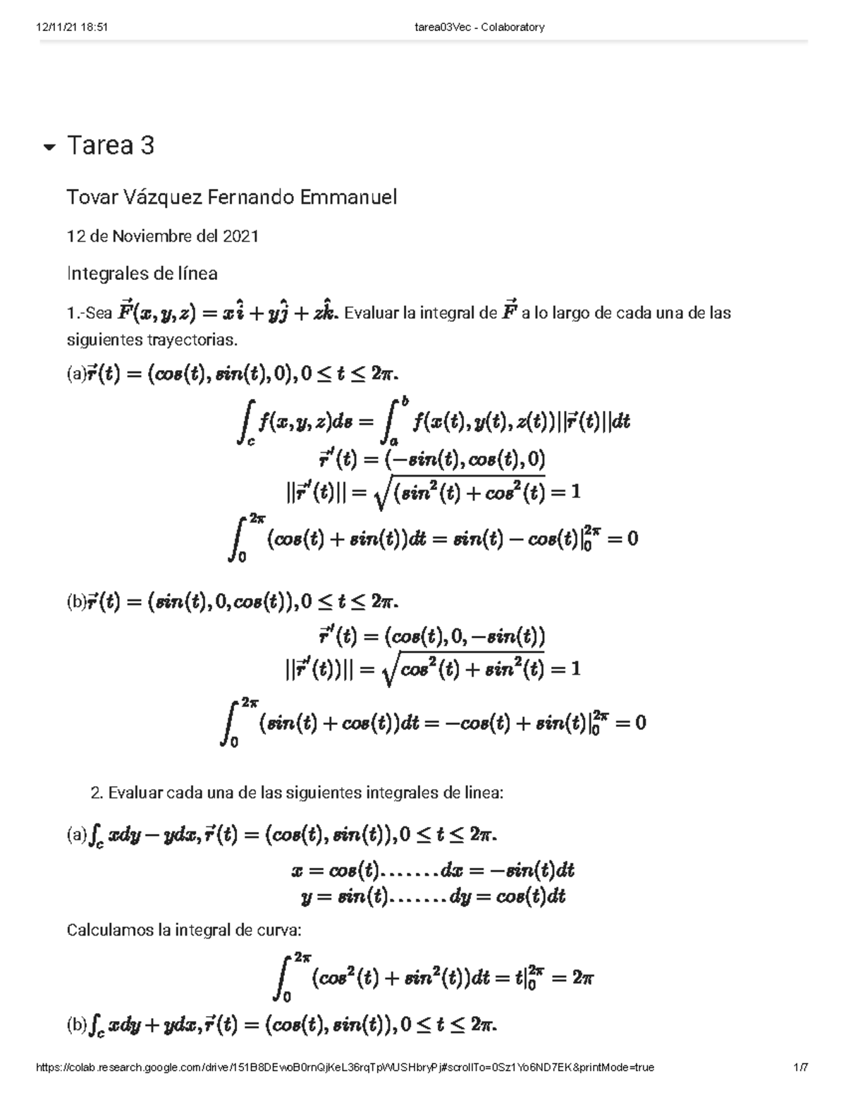 Tarea 3 calculo vec - Tovar Vázquez Fernando Emmanuel 12 de Noviembre del 2021 Integrales de ...