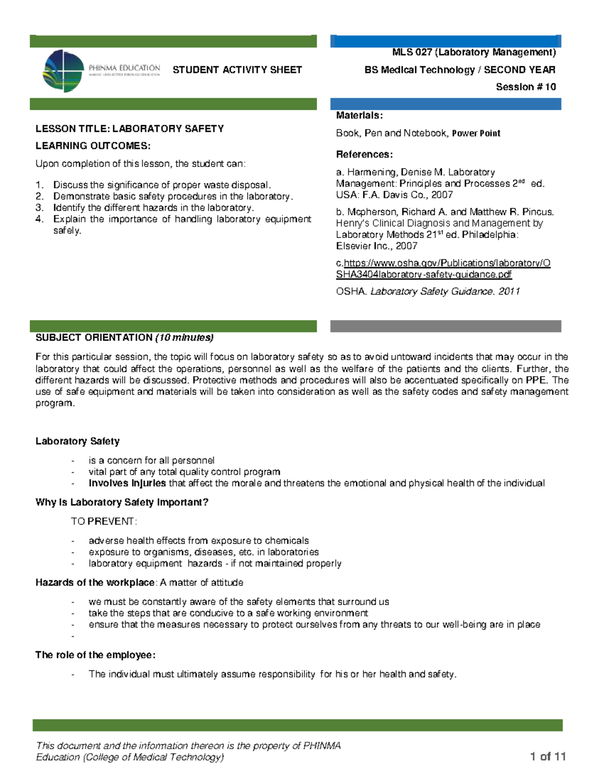 MLS 027 Lab Man Module 10 - This document and the information thereon is the property of PHINMA ...