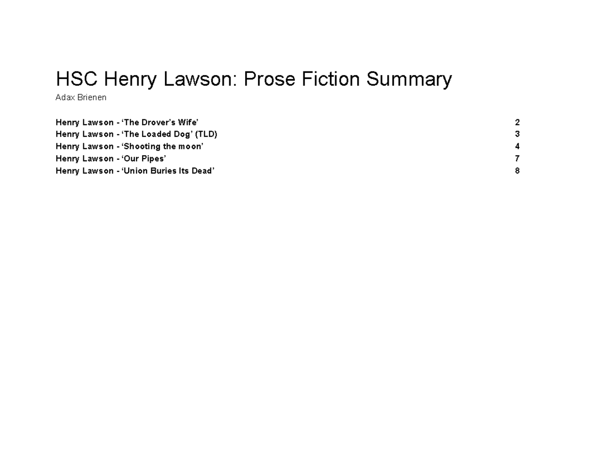 Henry Lawson Poem Summary - HSC Henry Lawson: Prose Fiction Summary ...