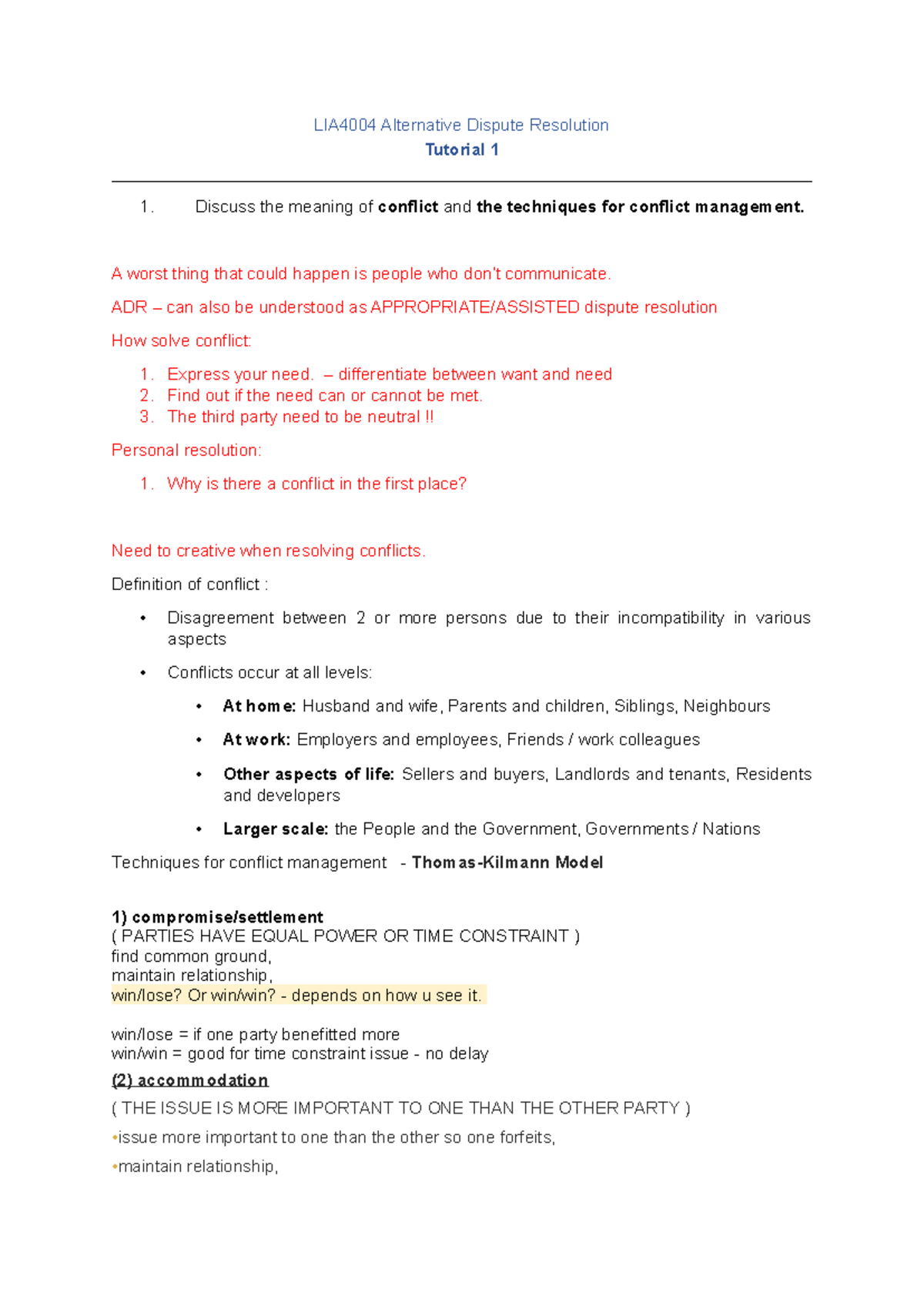 ADR Tutorial 1 (2023 2024) - LIA4004 Alternative Dispute Resolution ...
