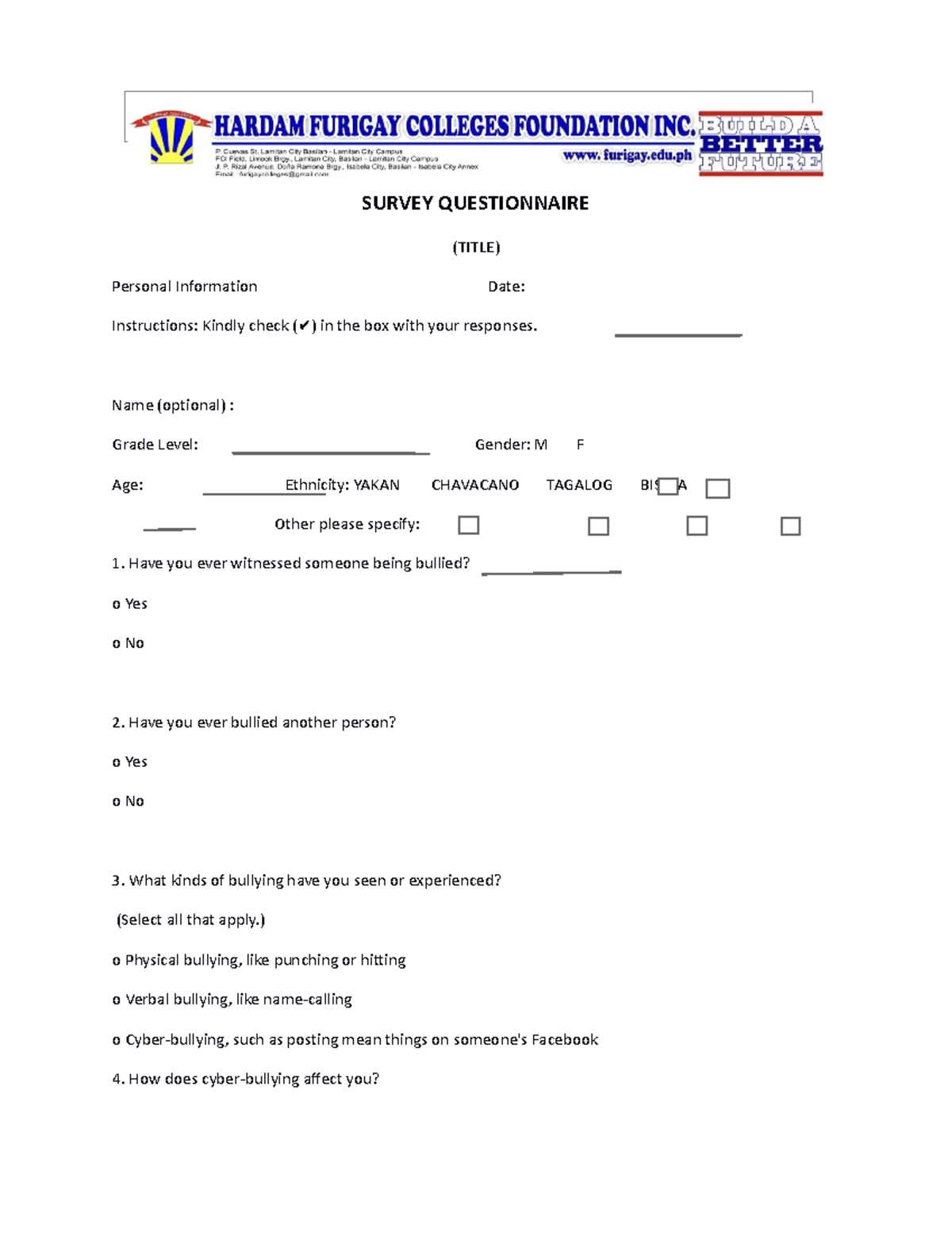 Survey- Questionaire - 09658642478 - SURVEY QUESTIONNAIRE (TITLE ...