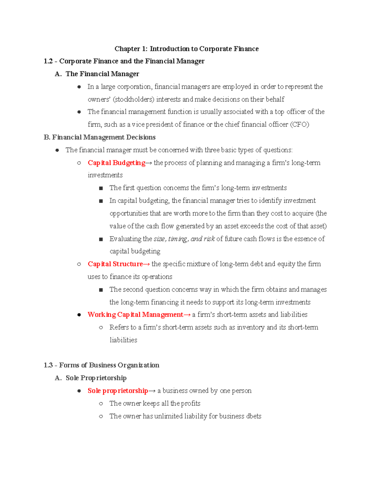 FINC 301-10W Chapter 1-4 Notes - Chapter 1: Introduction to Corporate ...