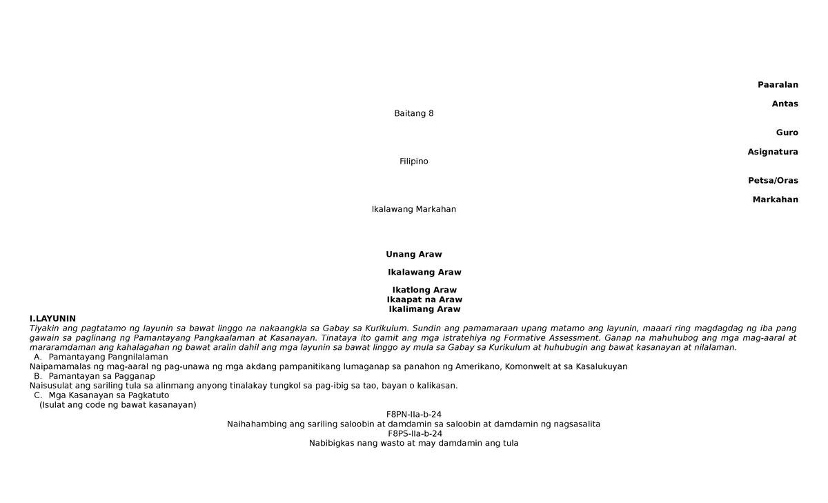 2.1 tula - dll - Paaralan Antas Baitang 8 Guro Asignatura Filipino ...