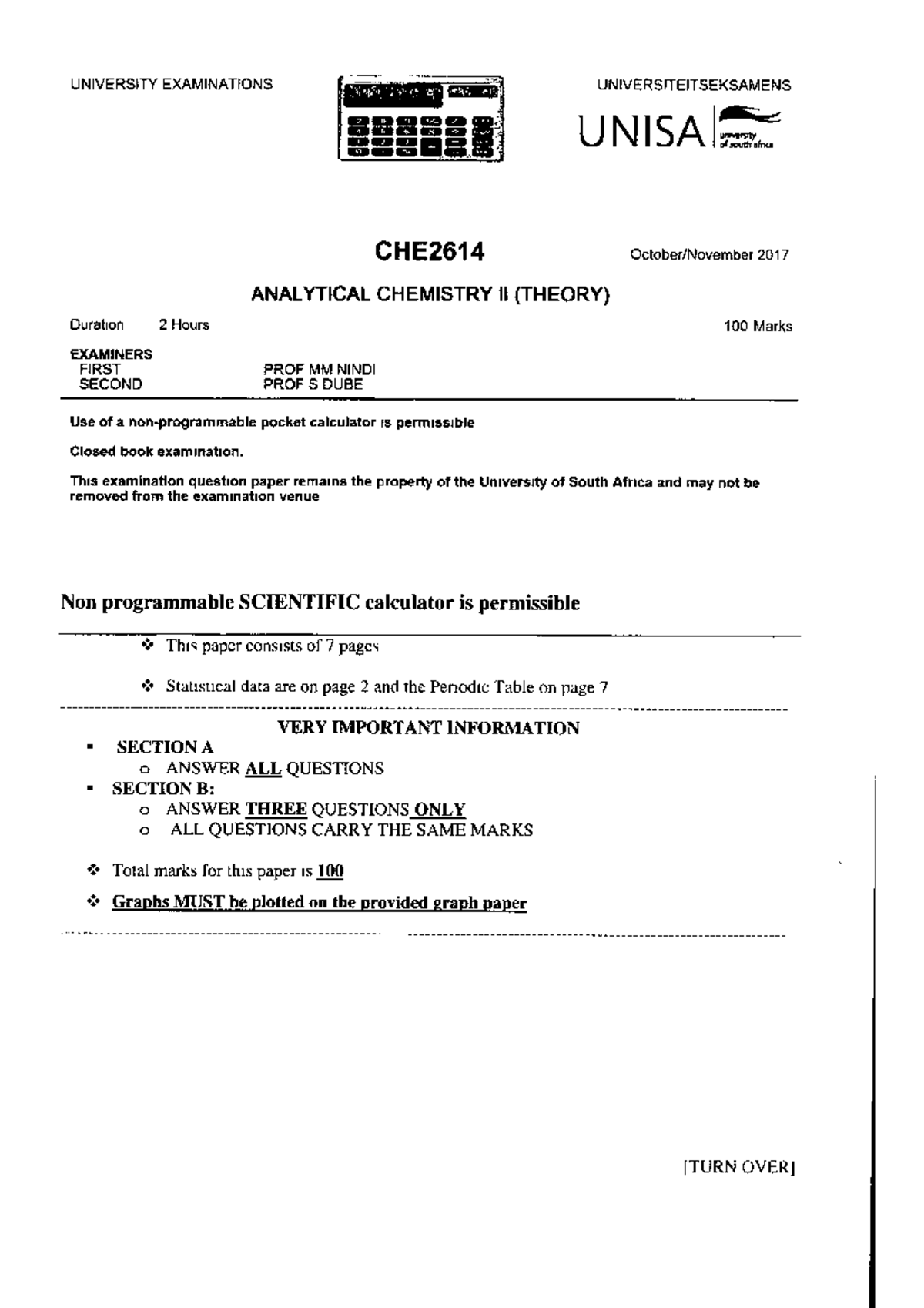 CHE2614 2017 10 E 1 - CHEMISTRY SECOND YEAR - CHE2614 - Studocu