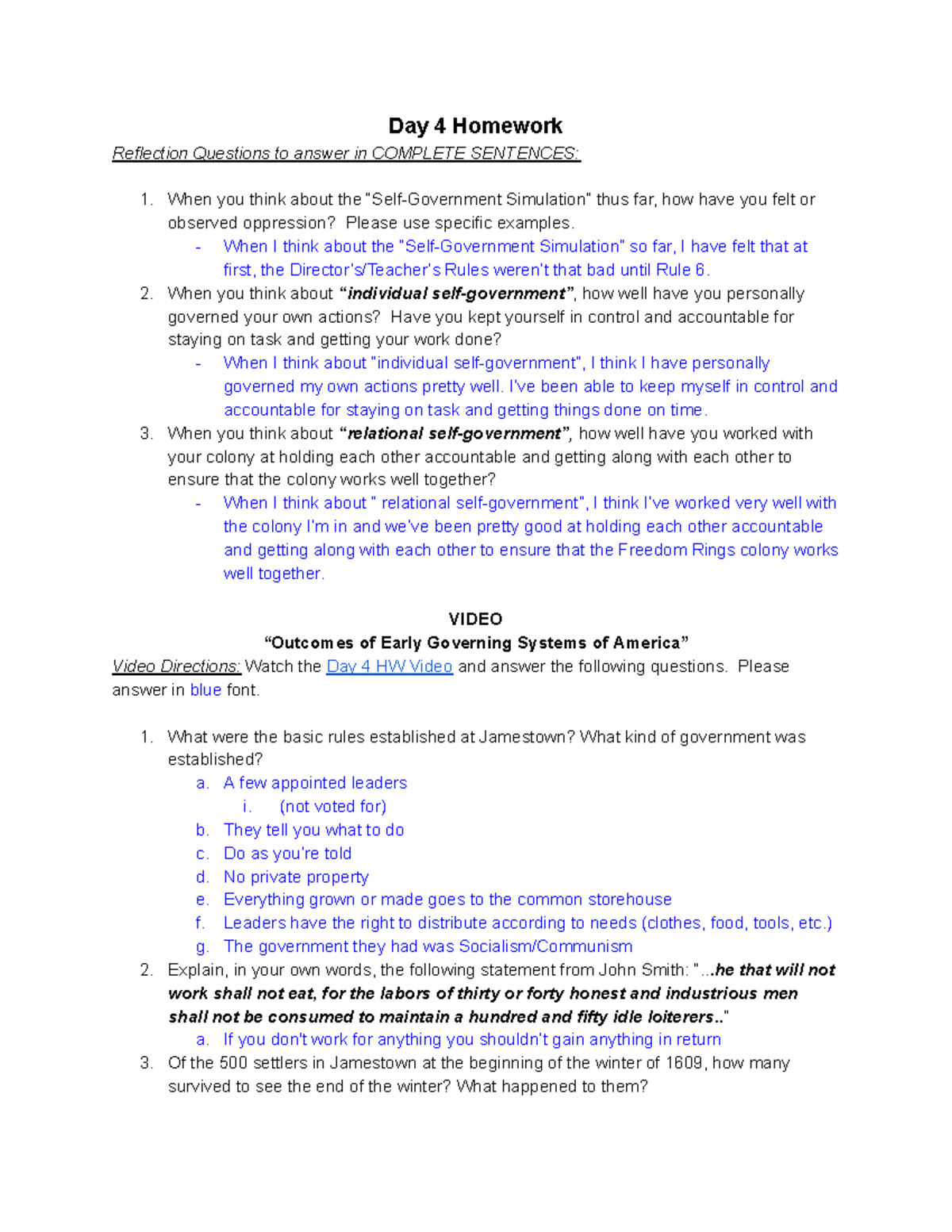 Day 4 HW Questions - Homework - Day 4 Homework Reflection Questions to ...