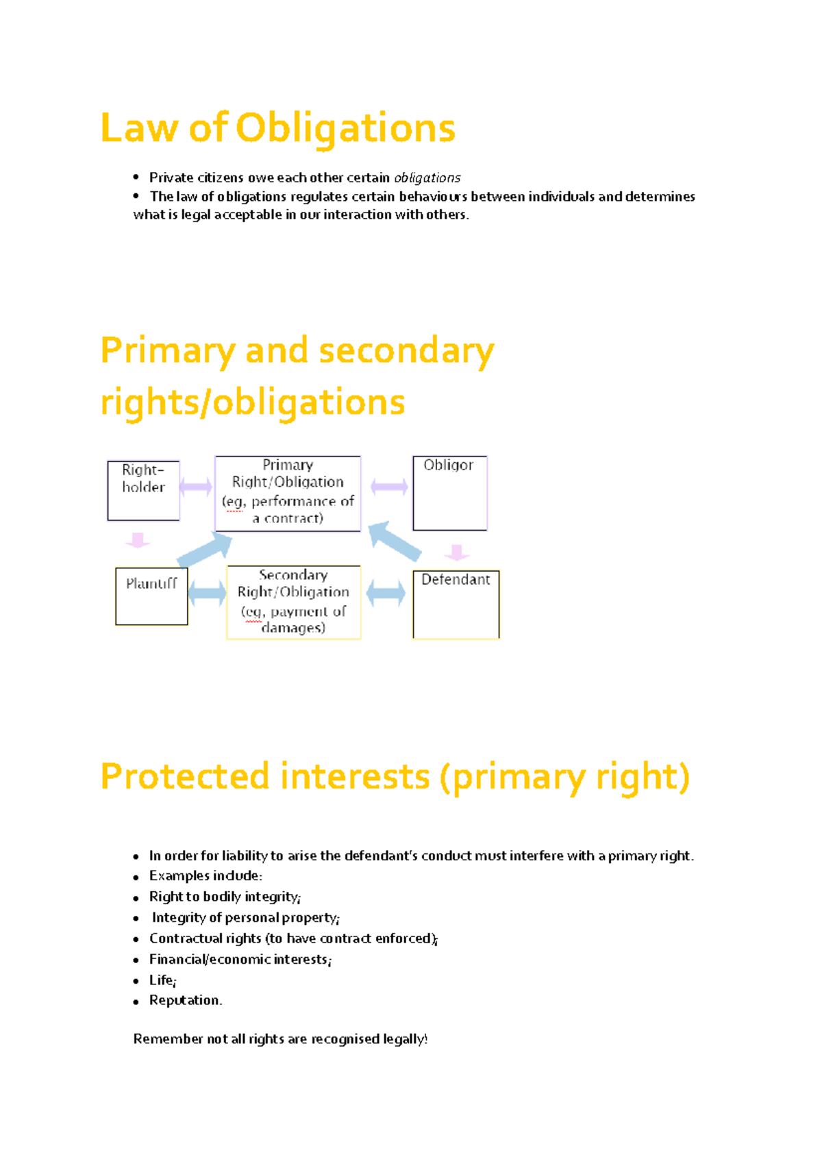 Private Law Notes - Law of Obligations Private citizens owe each other ...