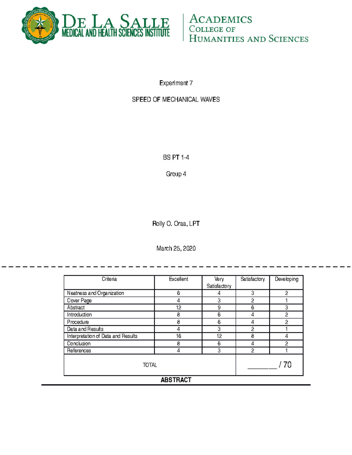 SCI Paper 7 BSPT1 4 Group 4 copy2 - Experiment 7 SPEEDOFMECHANICALWAVES ...