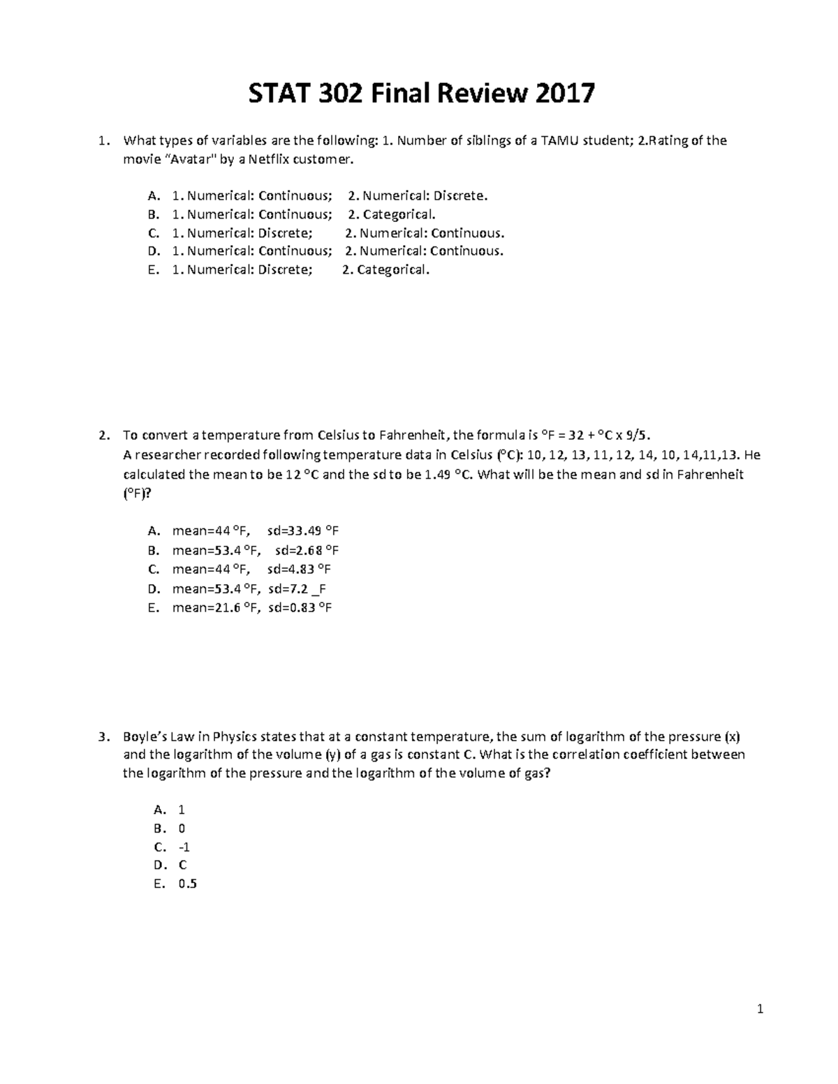 Stat 302 Final review - stat - STAT 302 Final Review 2017 What types of ...