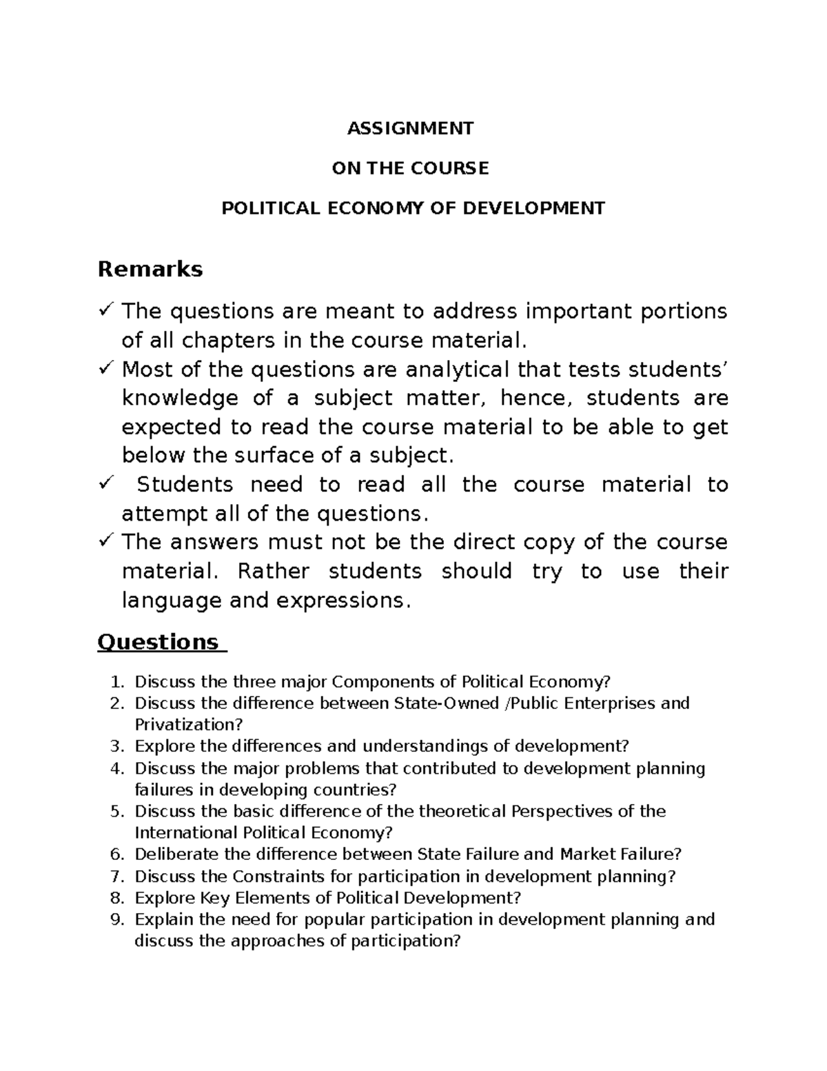 Assignment on political economy - ASSIGNMENT ON THE COURSE POLITICAL ...