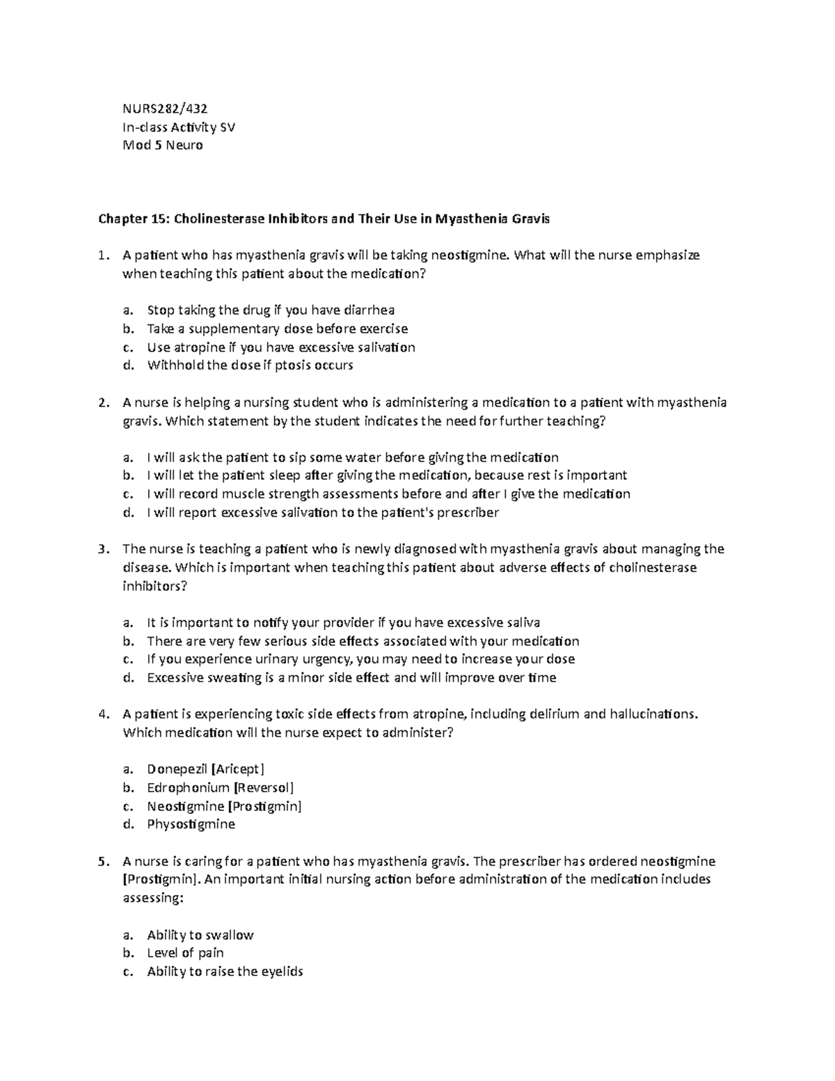 Mod 5 In-Class Activity SV - NURS282/ In-class Activity SV Mod 5 Neuro ...