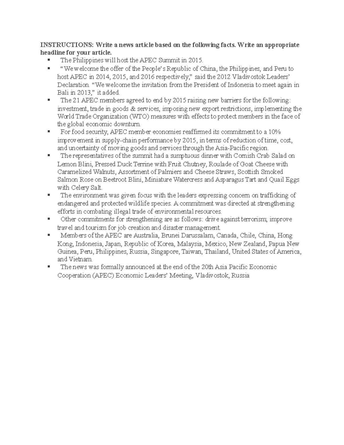 Pdfcoffee - news writing - INSTRUCTIONS: Write a news article based on ...