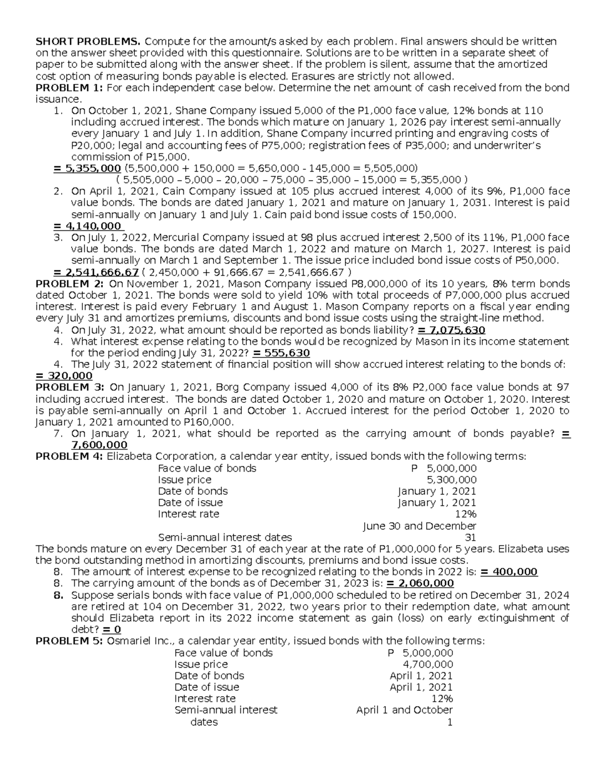 Quiz 2 Problem Midterm 1 Short Problems Compute For The Amounts Asked By Each Problem Final