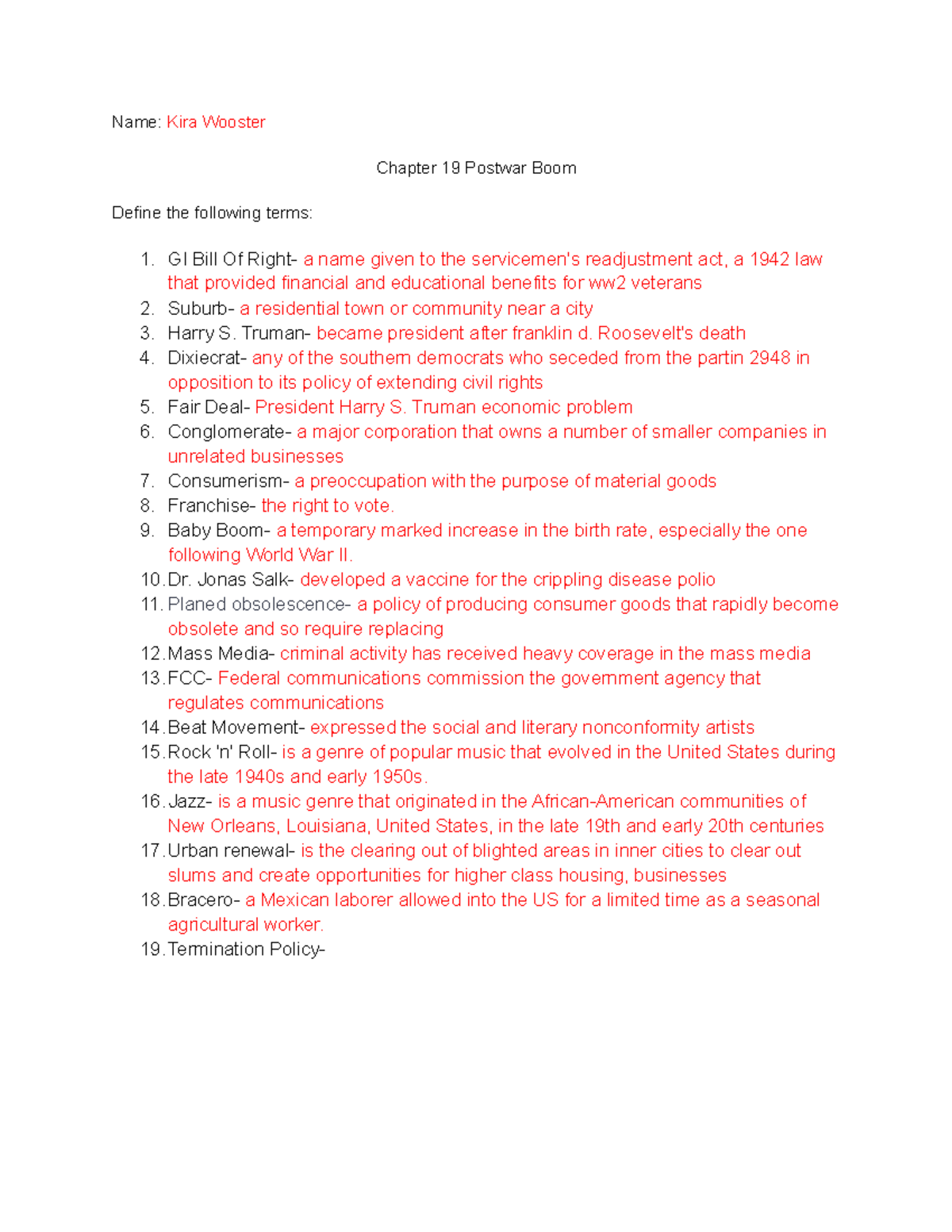 Ch 19 vocabulary - work - Name: Kira Wooster Chapter 19 Postwar Boom ...