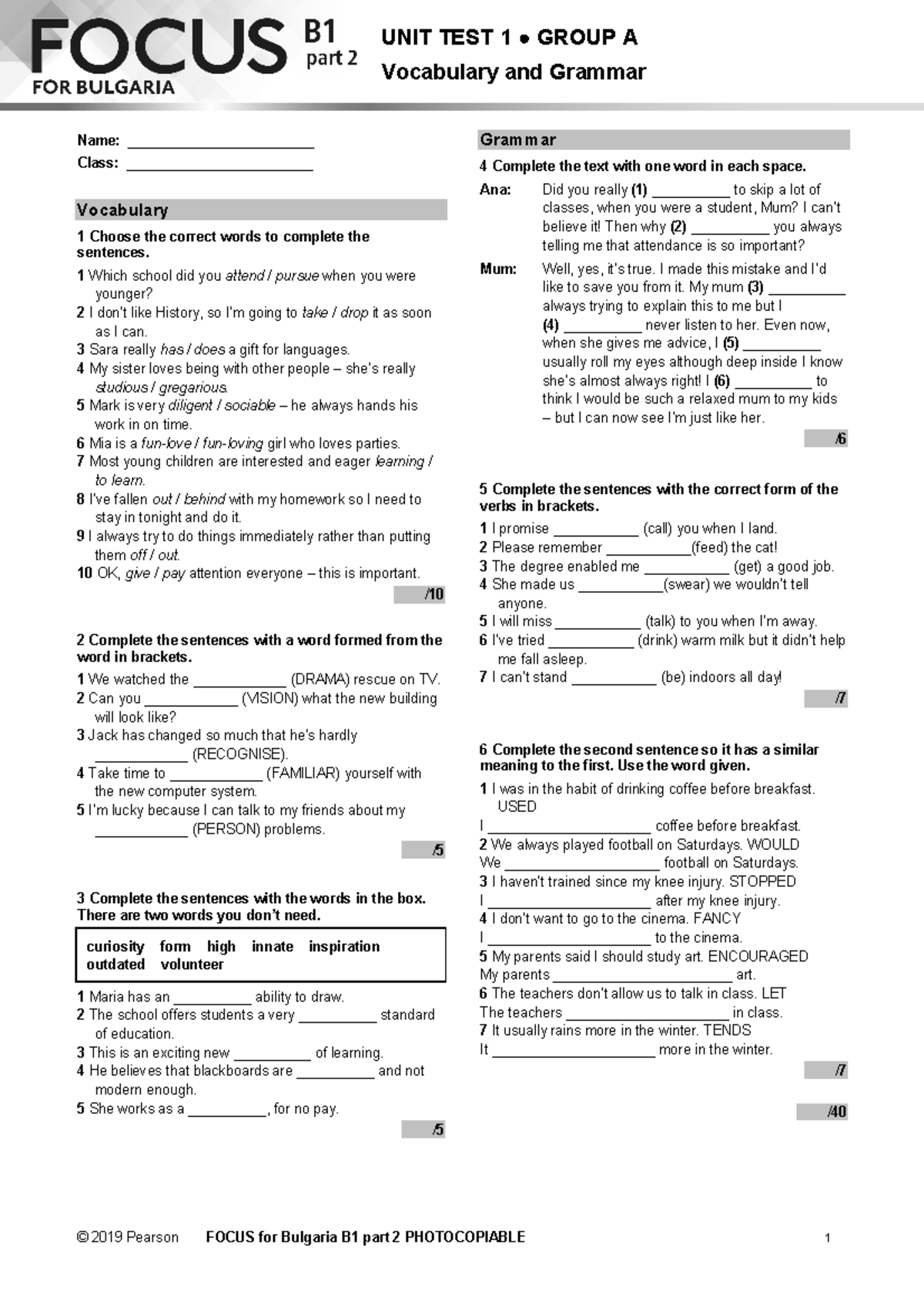 Unit 1 Test VG 1A - Test - © 2019 Pearson FOCUS for Bulgaria B1 part 2 ...