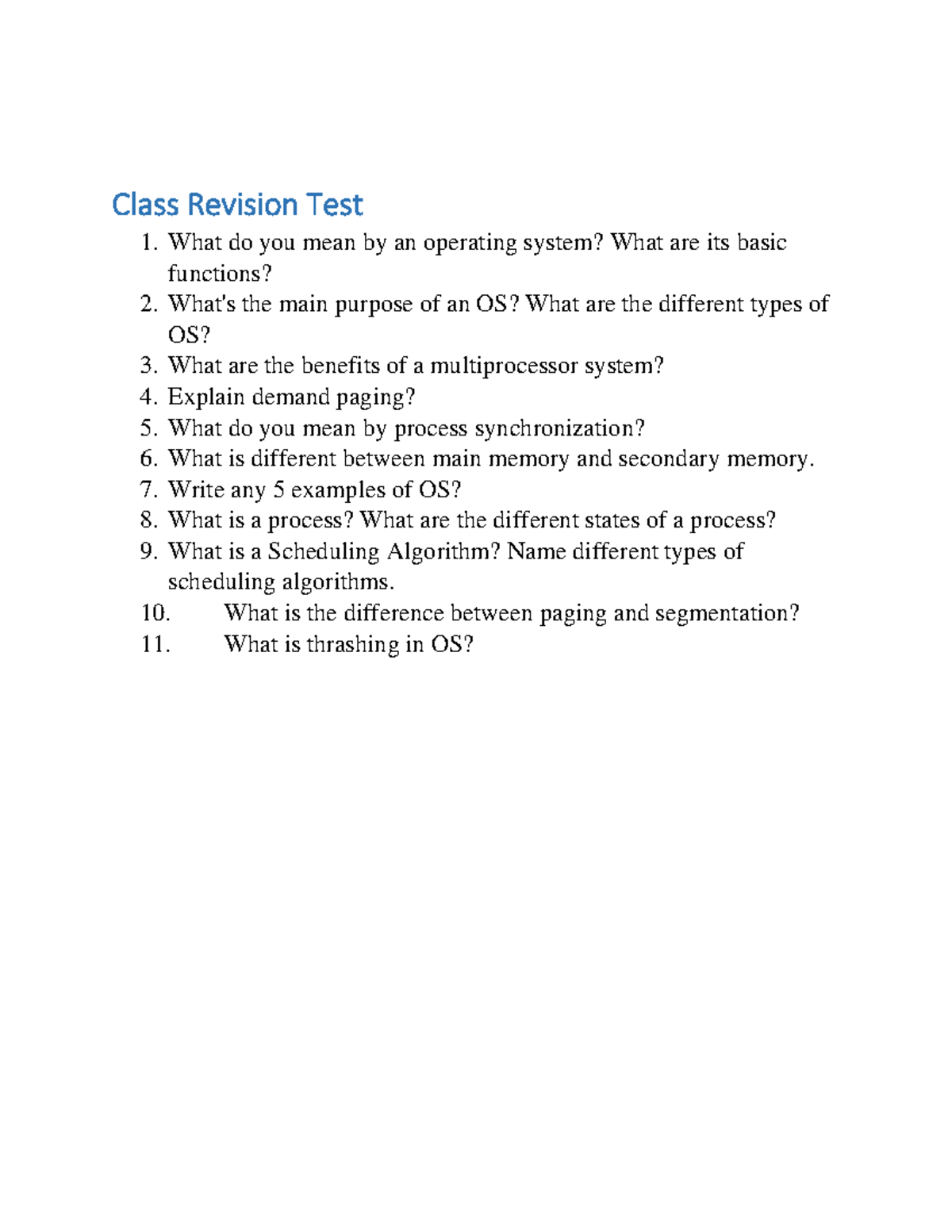Class Revision Test - Class Revision Test What do you mean by an ...