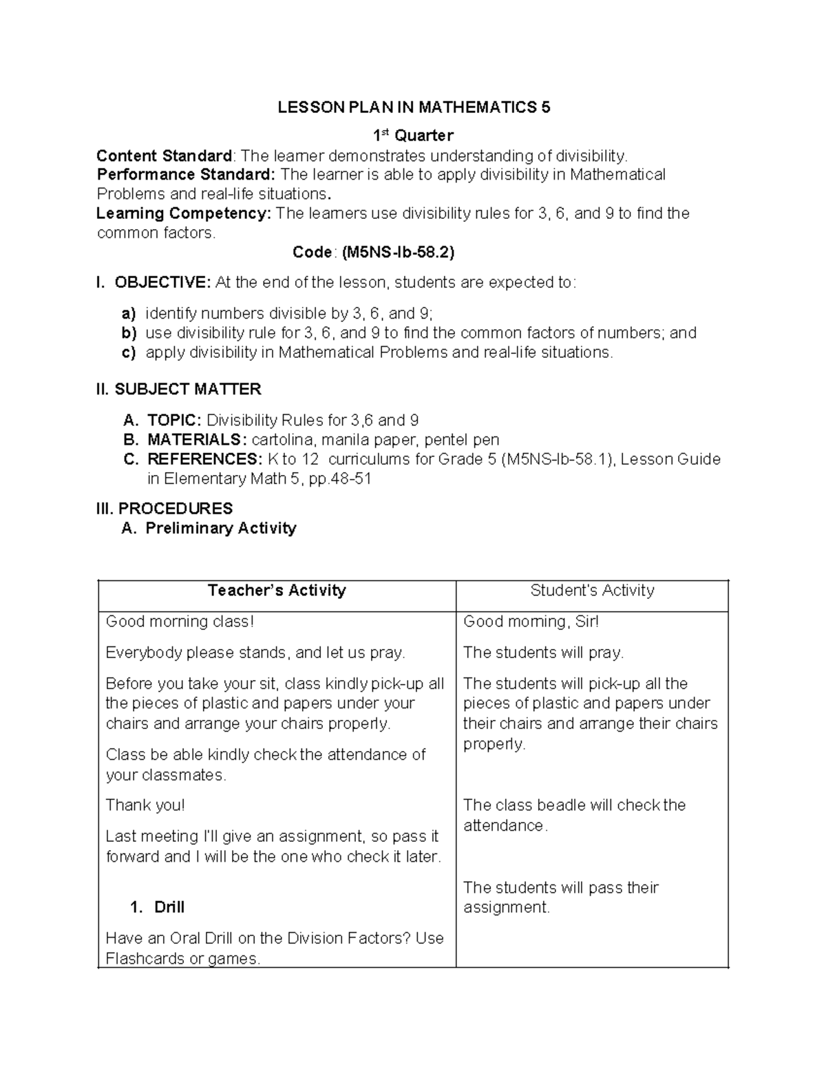Lesson PLAN IN Mathematics 5 - LESSON PLAN IN MATHEMATICS 5 1 st ...