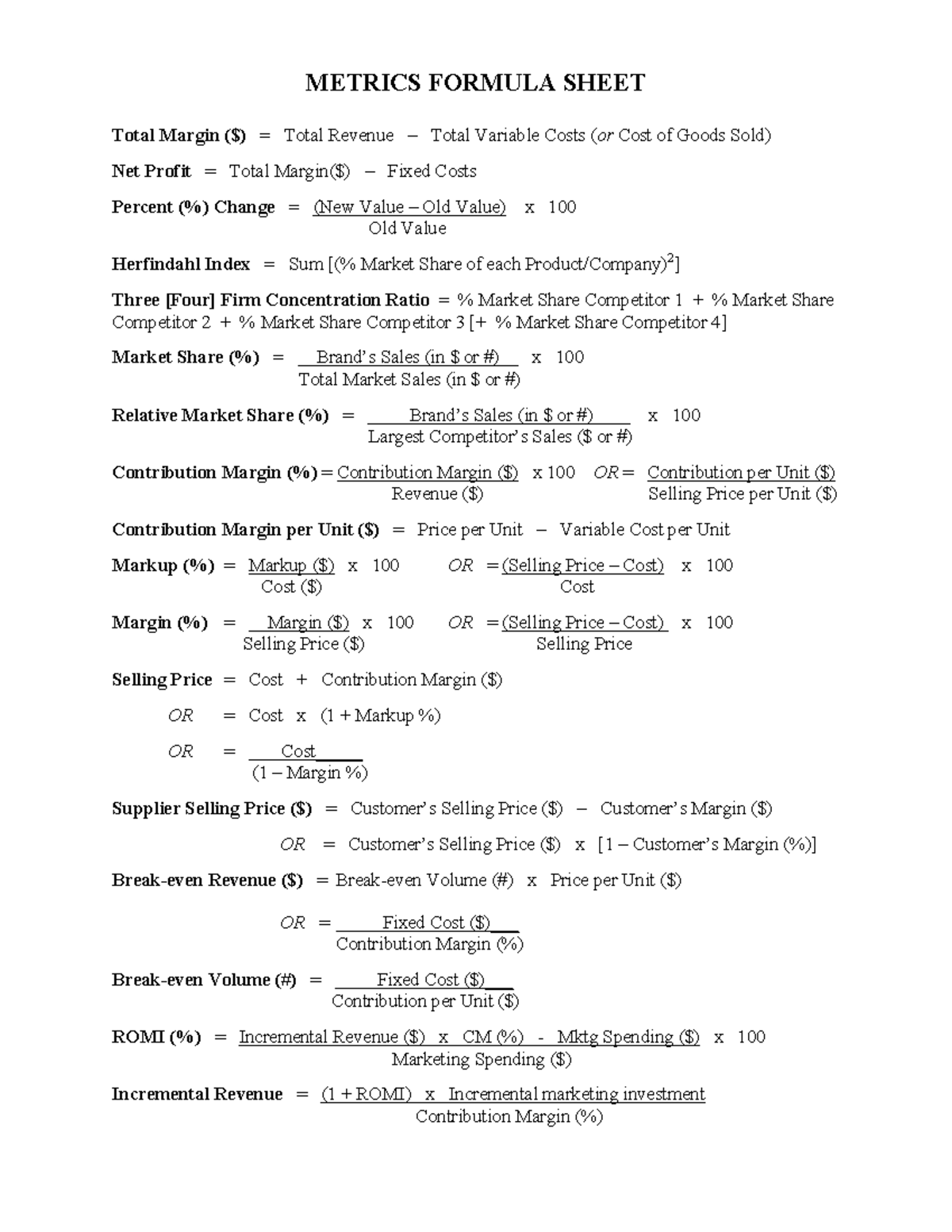 Marketing Metrics Formula Sheet - METRICS FORMULA SHEET Total Margin ...