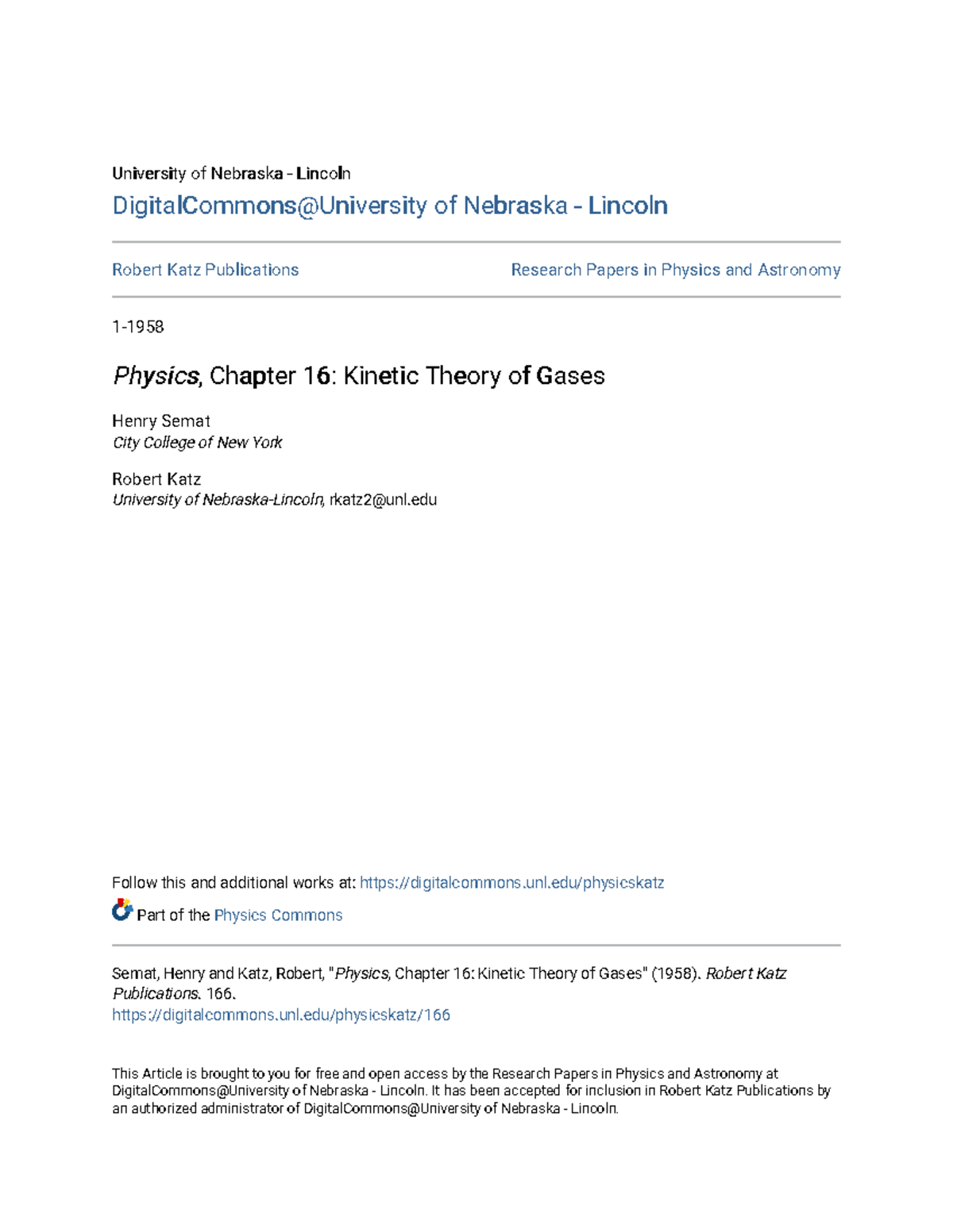 Kinetic Theory of Gases - unl/physicskatz Part of the Physics Commons ...