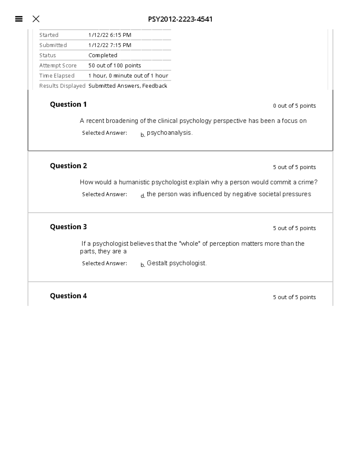 Quiz1 - PSY2012-2223- Started 1/12/22 6:15 PM Submitted 1/12/22 7:15 PM ...