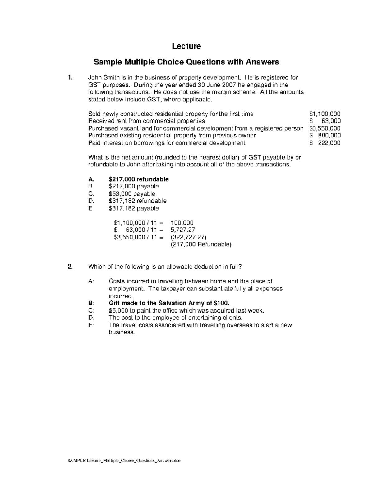 Sample Lecture Multiple Choice Questions Answers - Lecture Sample ...