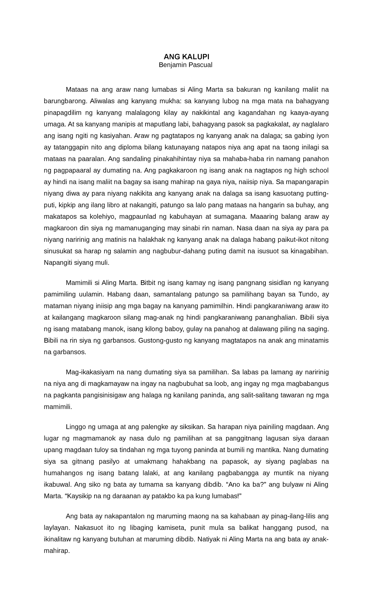 ANG- Kalupi - For notes - ANG KALUPI Benjamin Pascual Mataas na ang ...