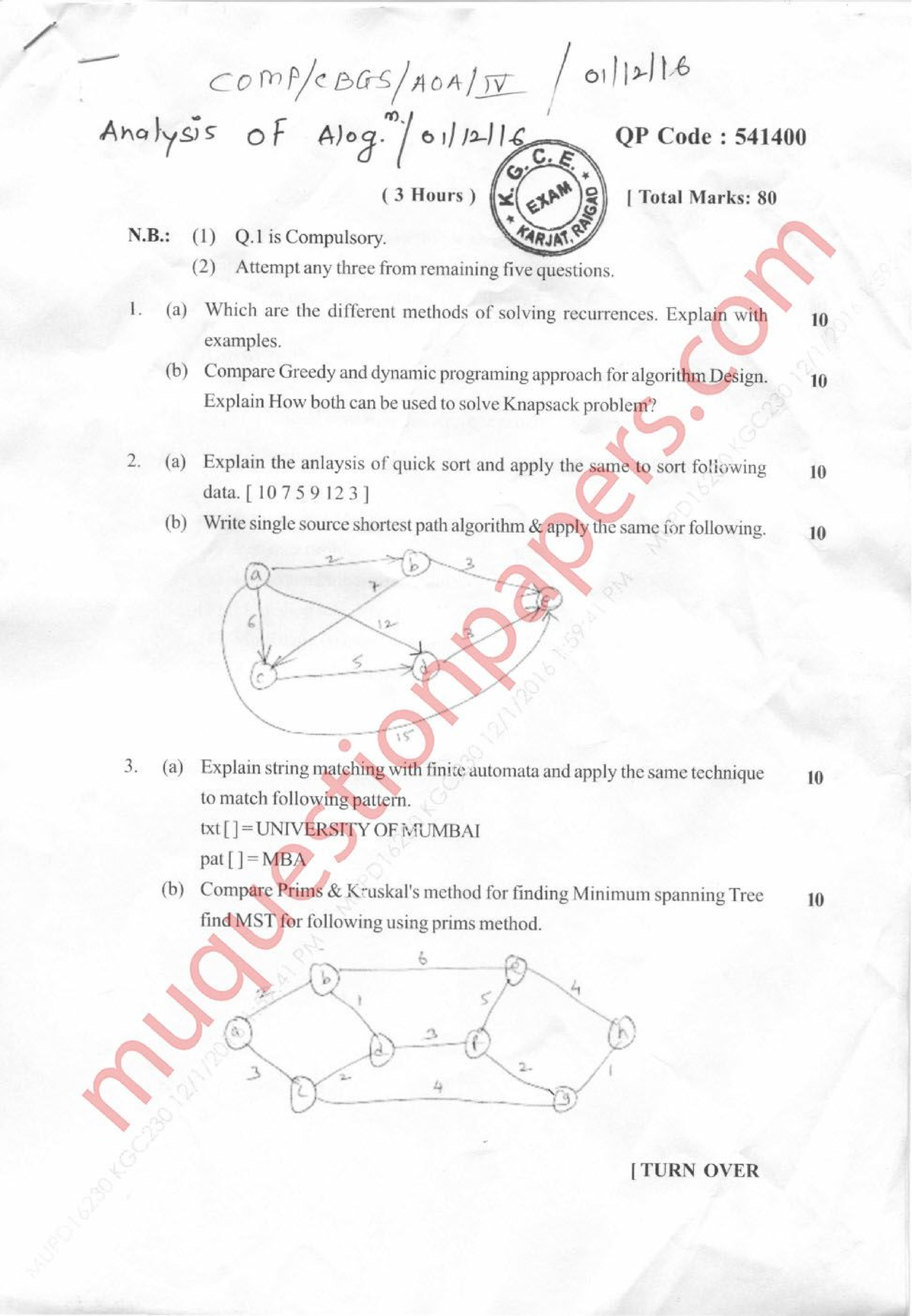 SE-Comps SEM4 AOA DEC16 - Analysis of QP Code : 541400 C G (3 Hours ) (1) Q is Compulsory ...